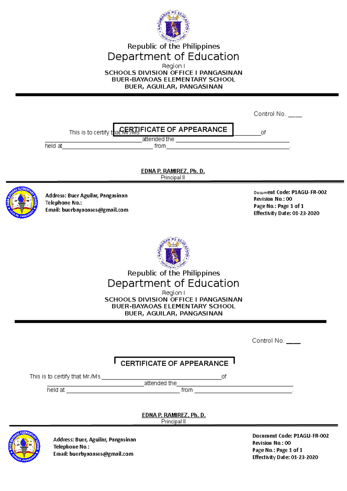 P1AGU-FR-002- Certificate OF Appearance - Republic of the Philippines ...