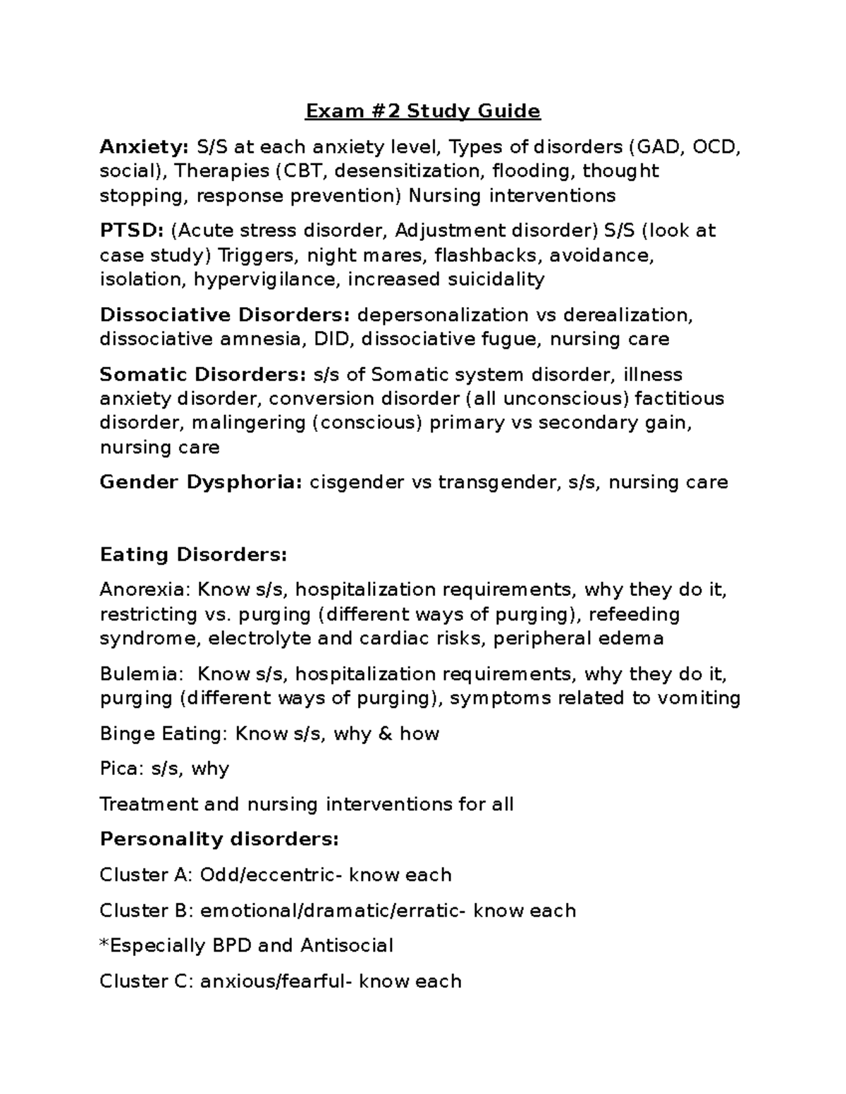 Exam 2 study guide - Exam #2 Study Guide Anxiety: S/S at each anxiety ...