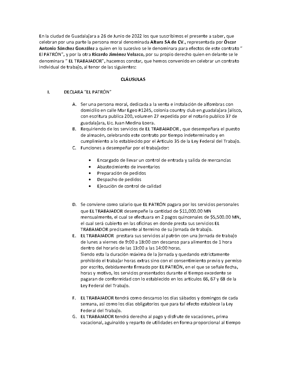 PIE1 - Proyecto integrador etapa 1 uvm derecho laboral - En la ciudad de Guadalajara a 26 de ...
