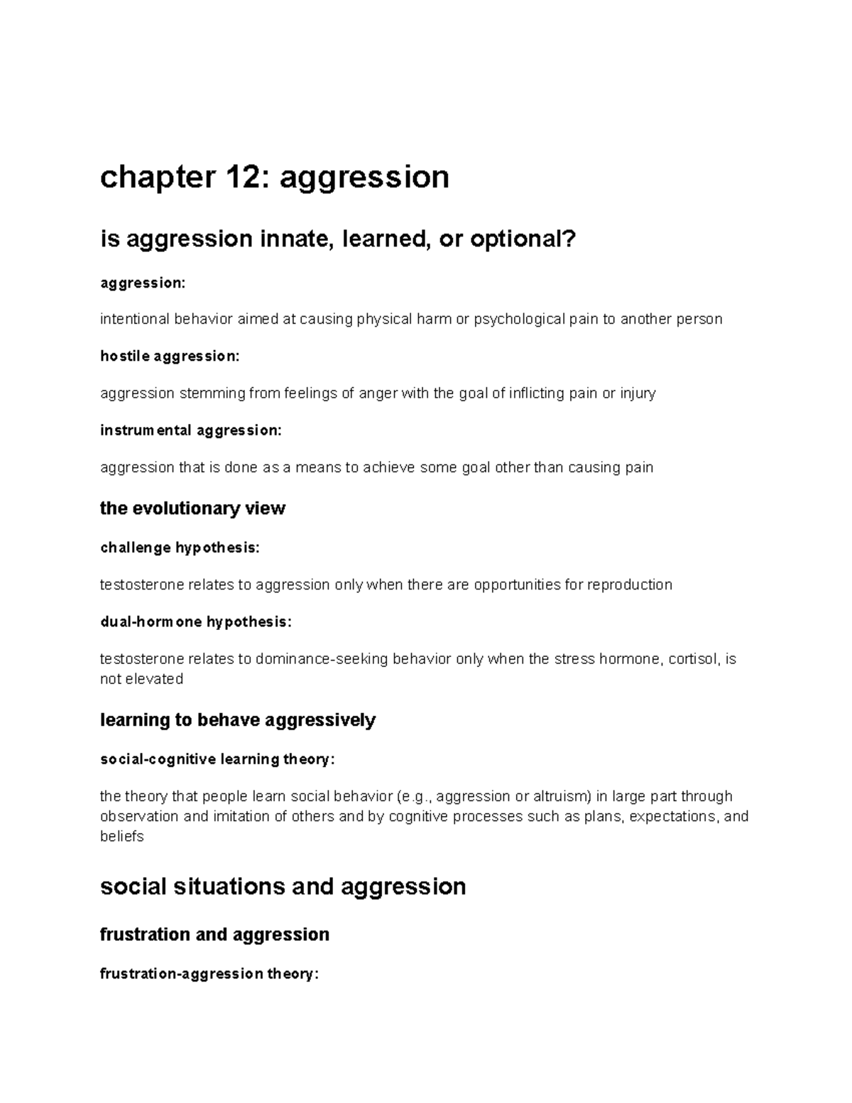 Chapter 12 aggression - reading notes - PSYCH360 - UMass Amherst - Studocu