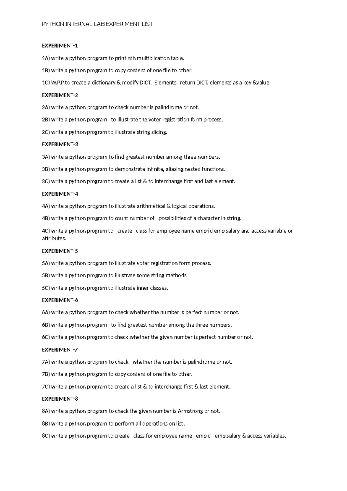 Internal Lab Experiments List - PYTHON INTERNAL LAB EXPERIMENT LIST EXPERIMENT- 1A) write a ...