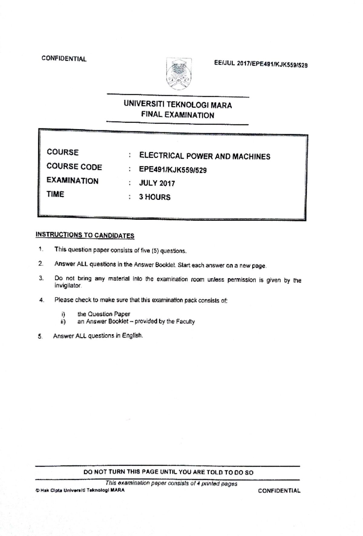 EPE491 2017 have answer - Electrical Engineering - Studocu