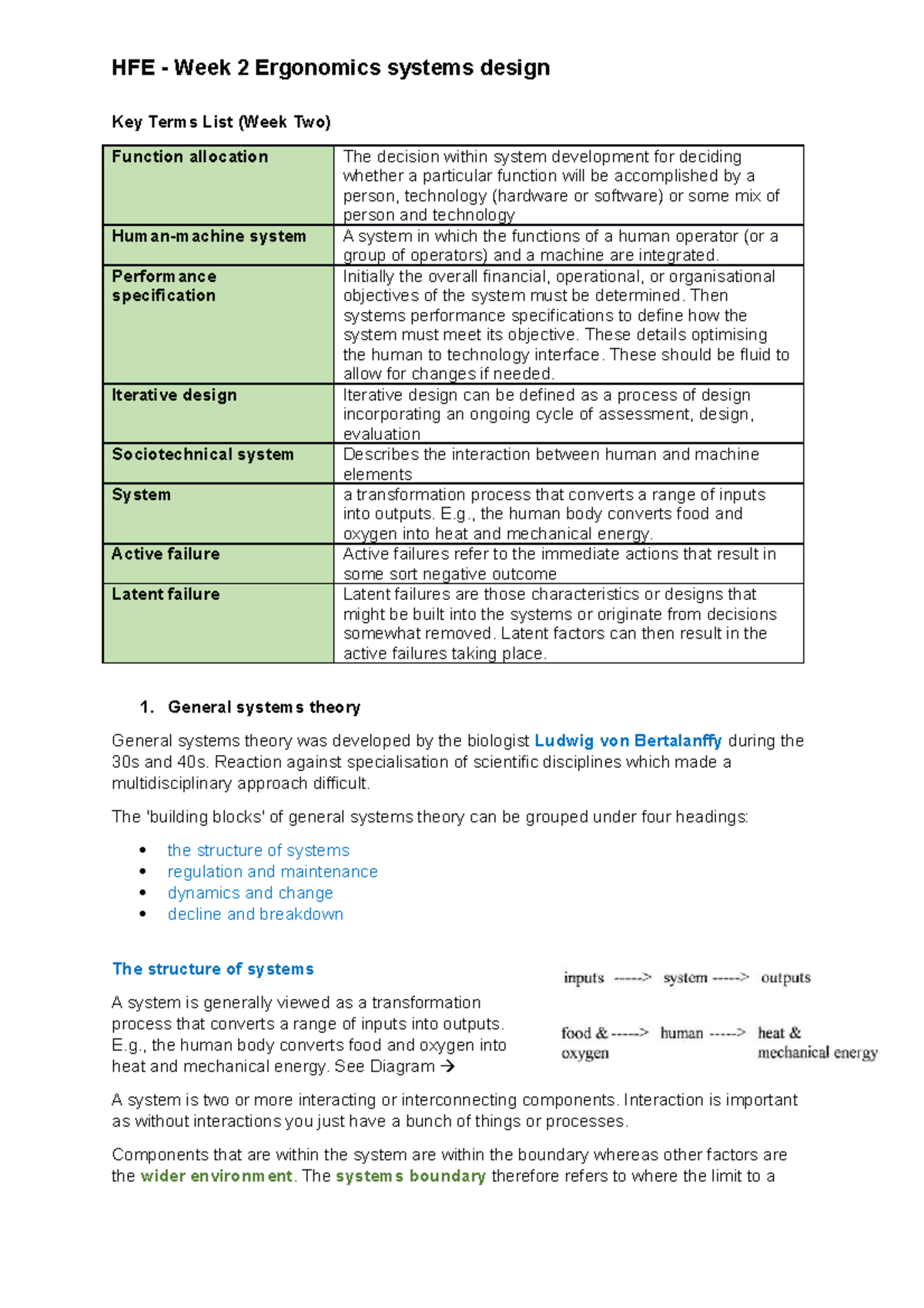 Week 2 study notes HFE - Summary of lecture and readings - Key Terms ...