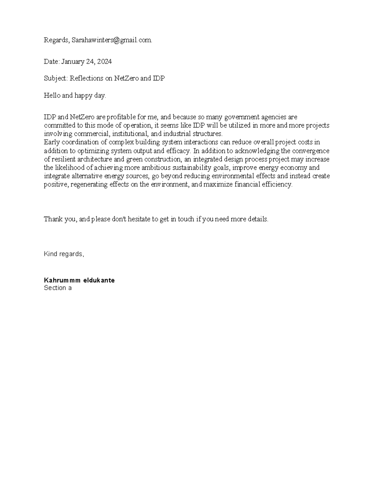 Assignment #2 - letter - Regards, Sarahawinters@gmail. Date: January 24, 2024 Subject ...