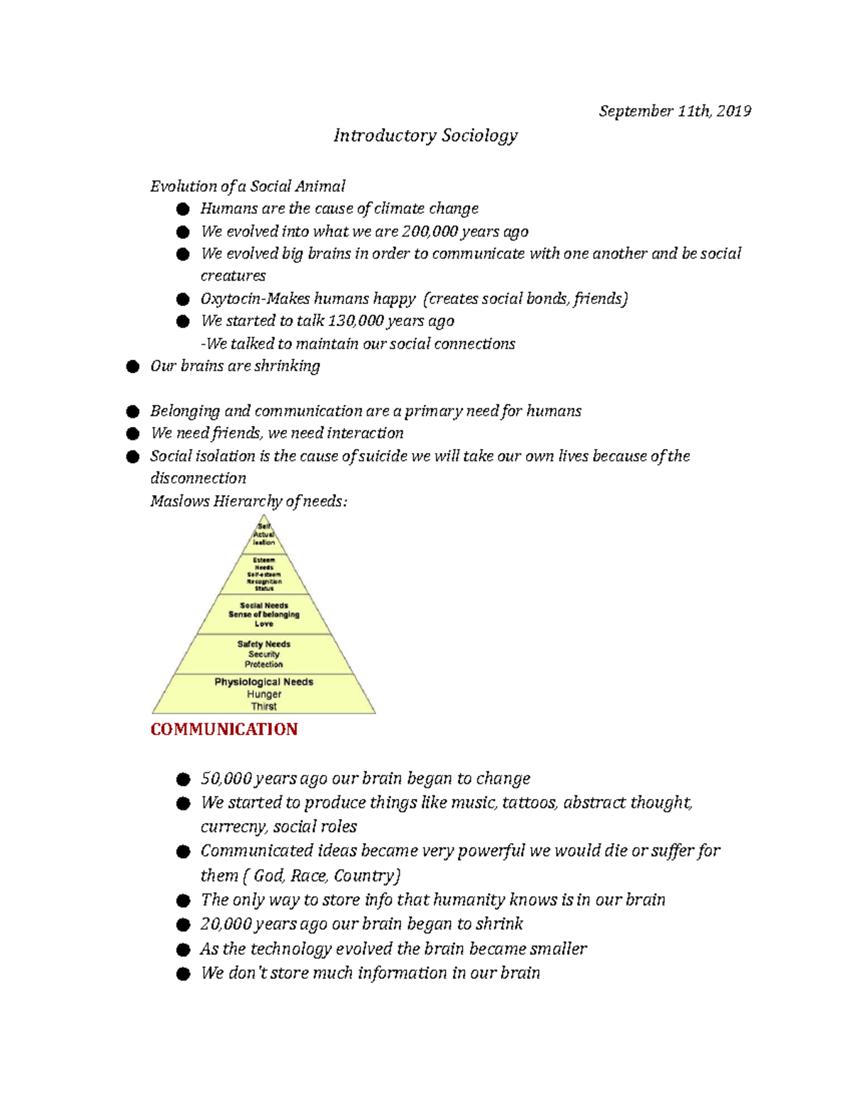 Intro to Sociology - September 11th, 2019 Introductory Sociology ...