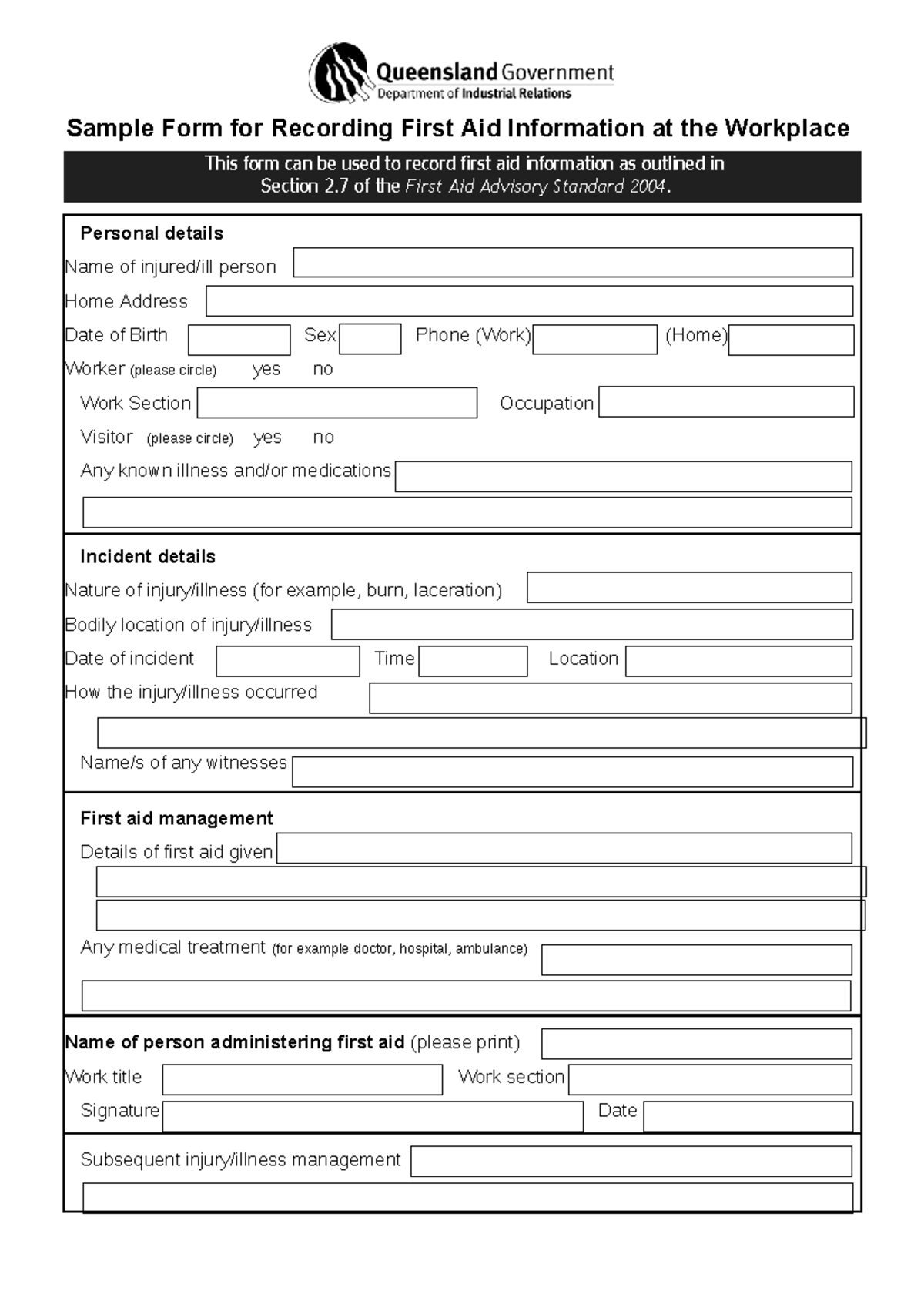 133848 Safety - First Aid Information - Sample Form for Recording First ...