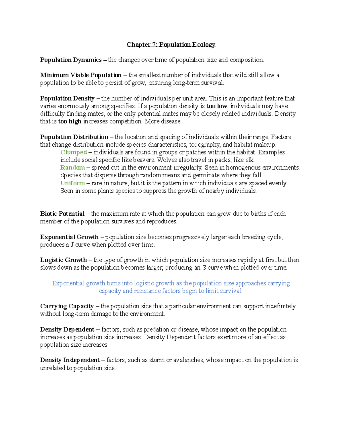Chapter 7 Notes - hihihi - Chapter 7: Population Ecology Population ...
