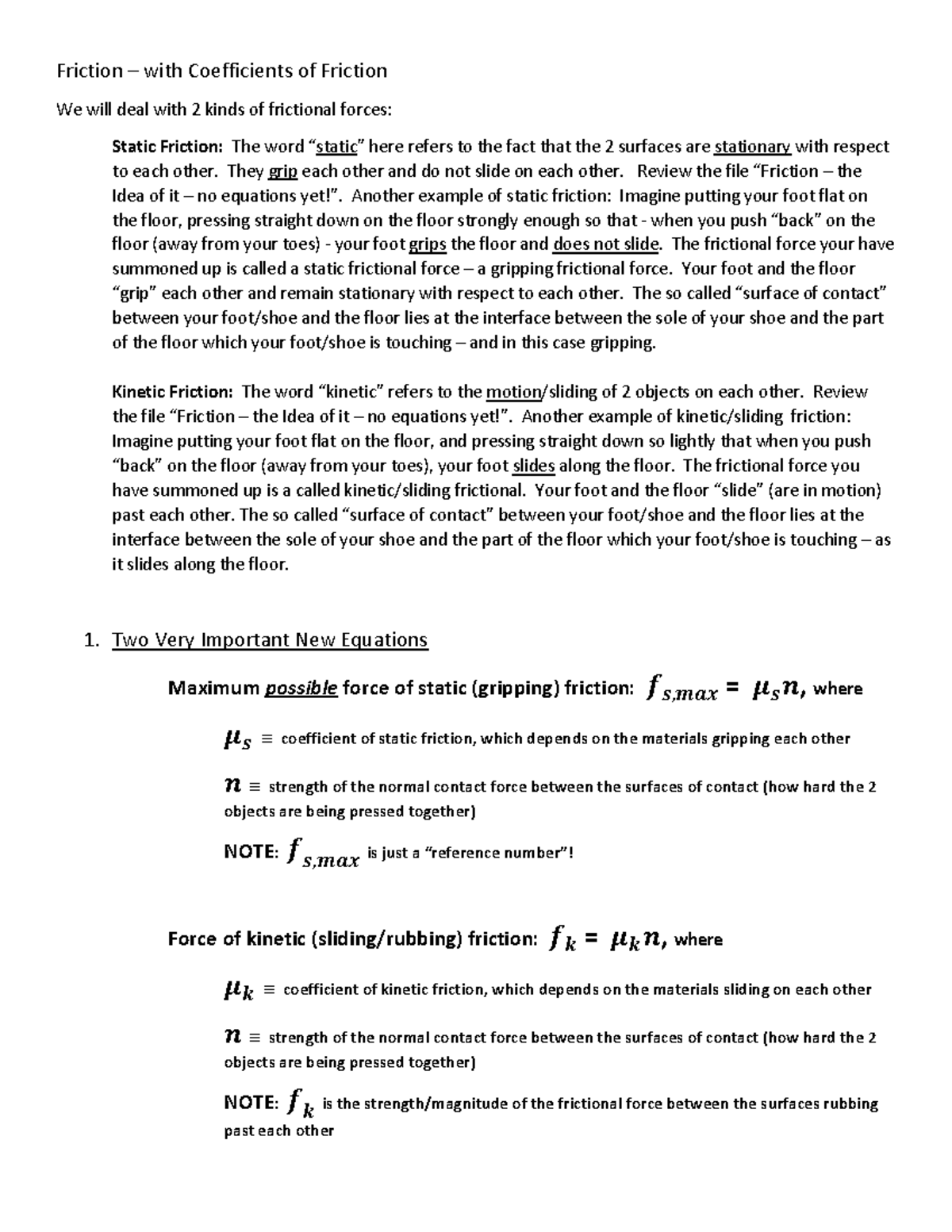 Friction Important Equations And Their Meanings Sp2020 - Friction ...