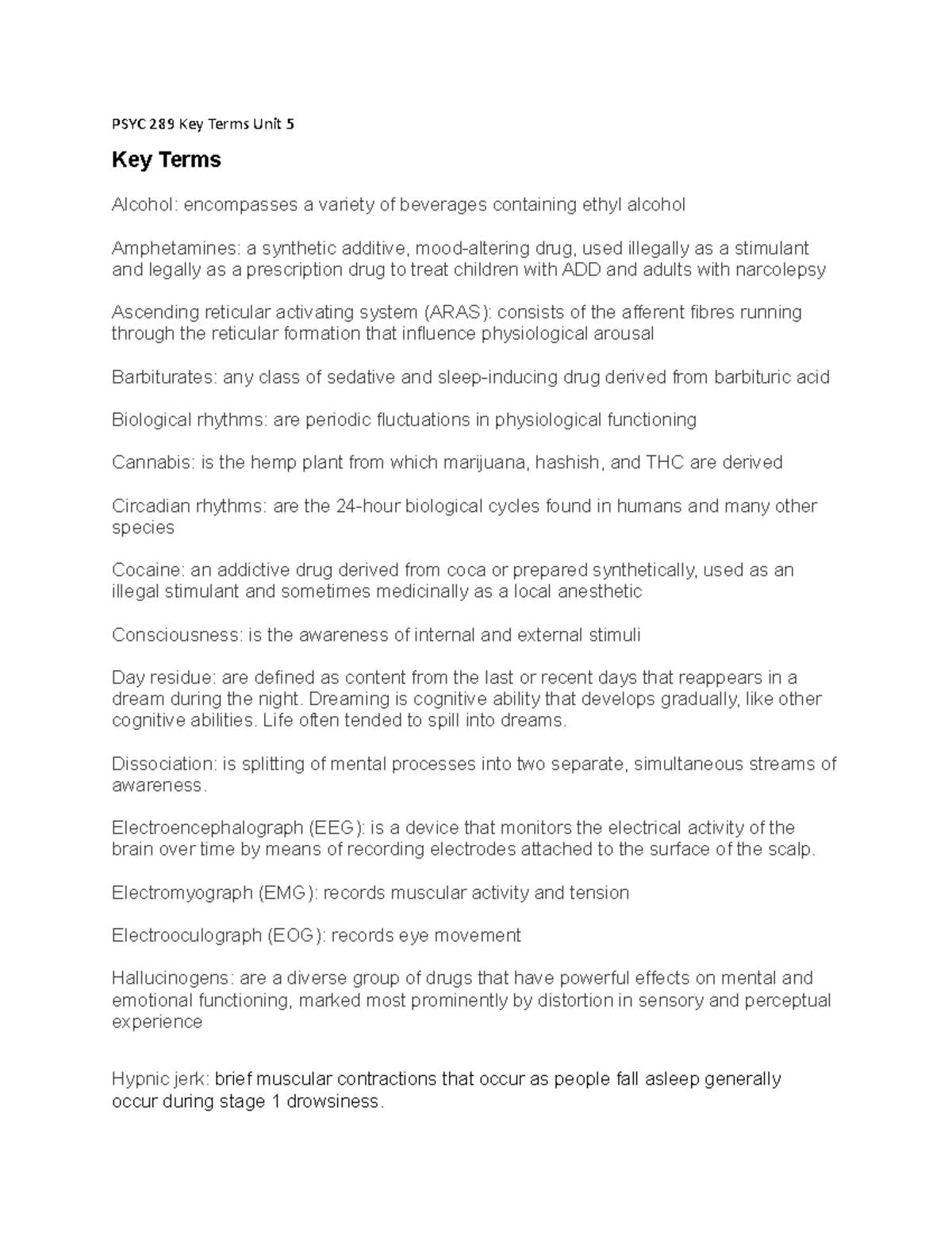 PSYC 289 Key Terms Unit 5 - PSYC 289 Key Terms Unit 5 Key Terms Alcohol ...