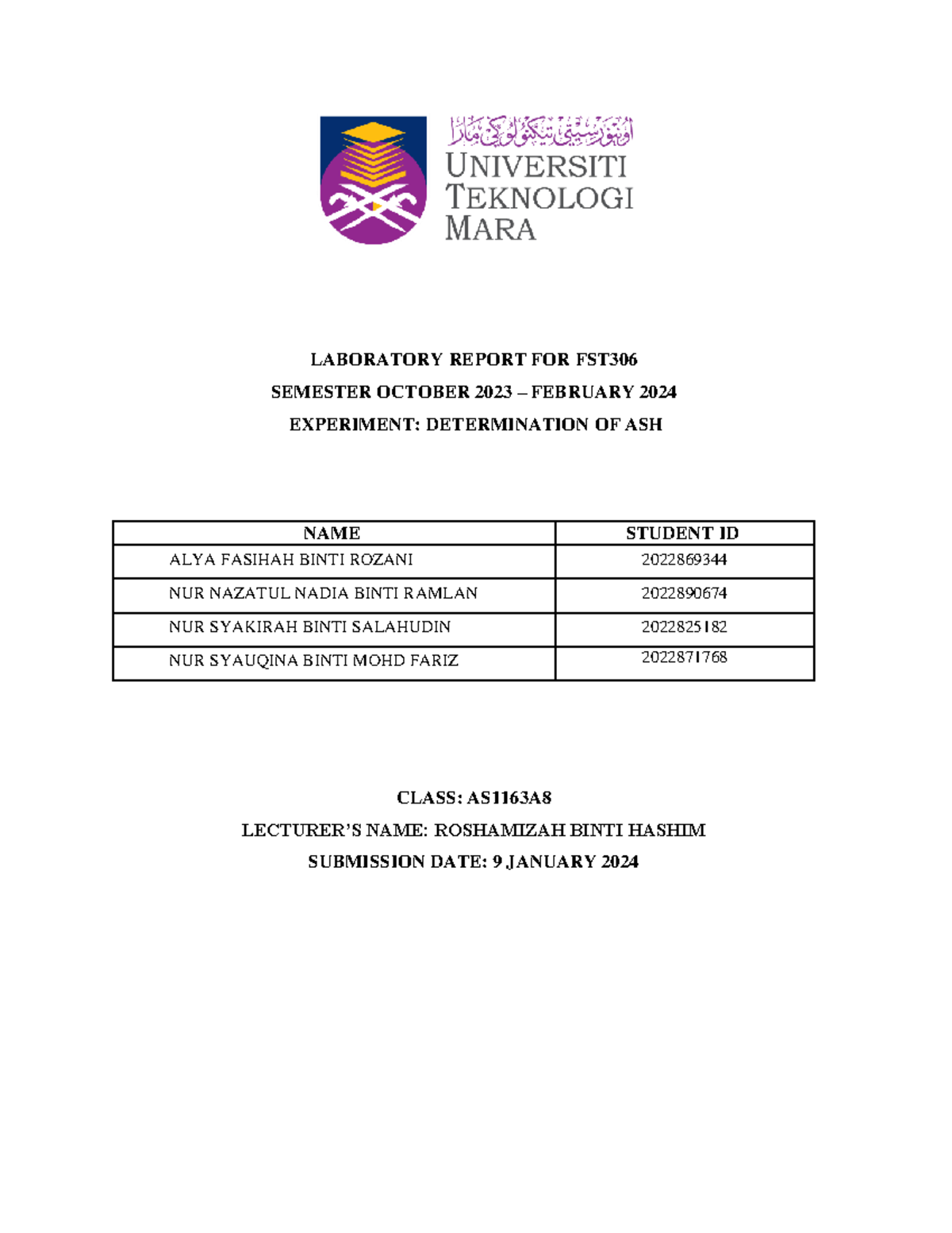 ASH - LABORATORY REPORT FOR FST SEMESTER OCTOBER 2023 – FEBRUARY 2024 ...