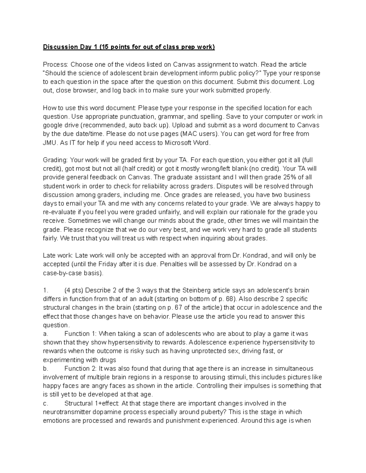 Discussion 1 worksheet - Discussion Day 1 (15 points for out of class ...