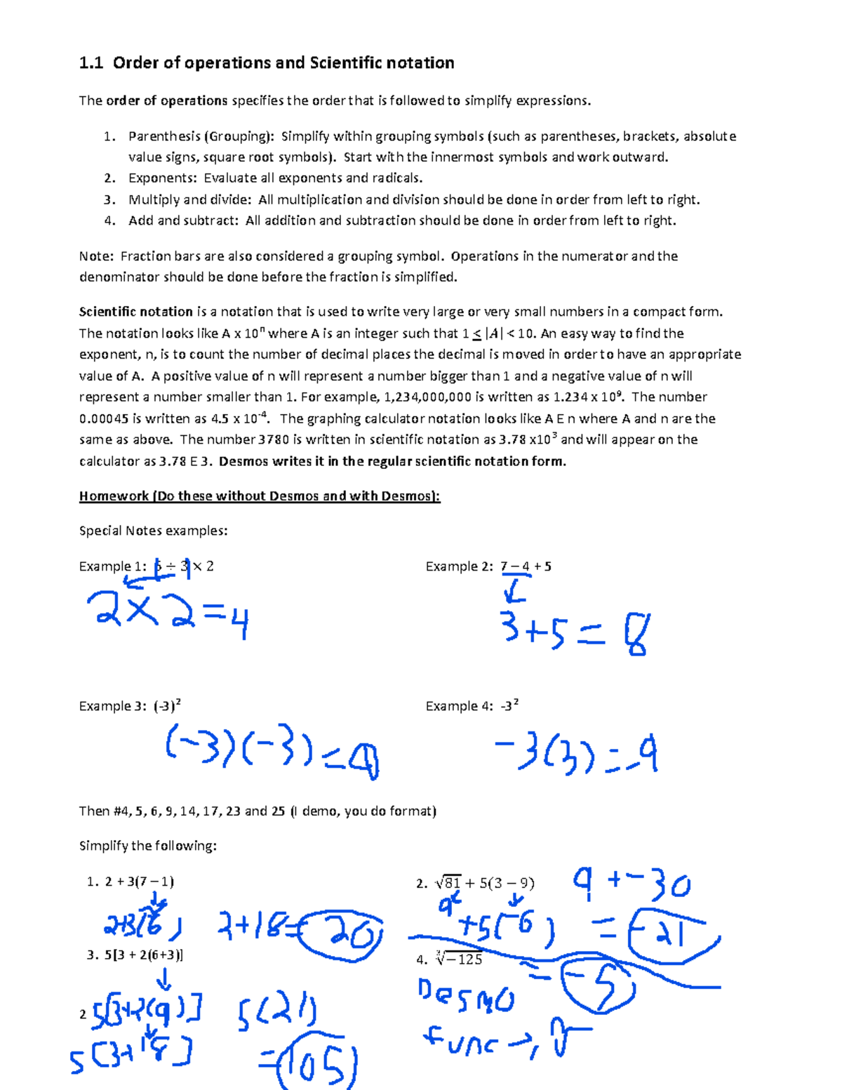 1.1 Order of Opertations - 2 1 Order of operations and Scientific ...