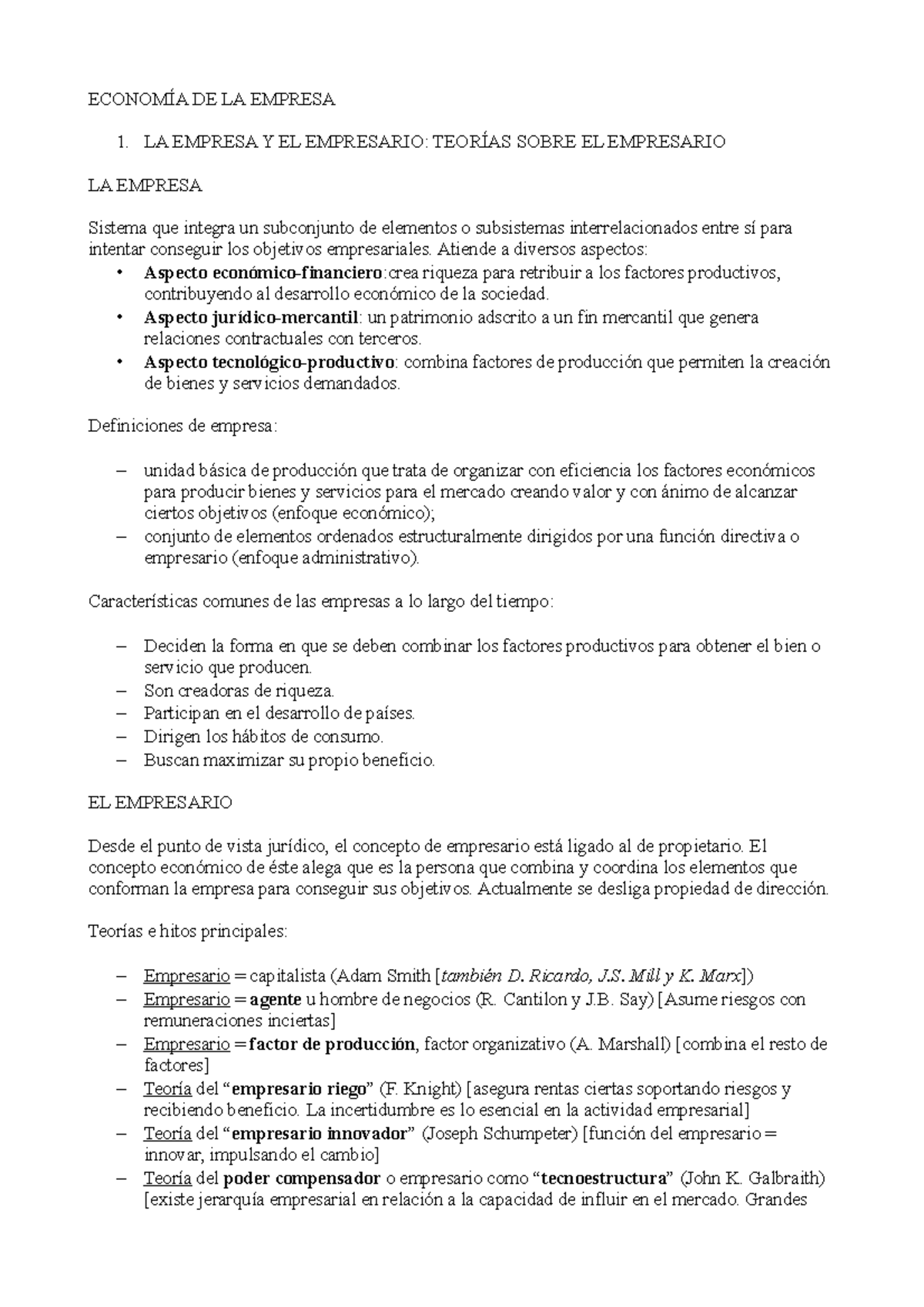 La empresa y el empresario - ECONOMÍA DE LA EMPRESA 1. LA EMPRESA Y EL EMPRESARIO: TEORÍAS SOBRE ...