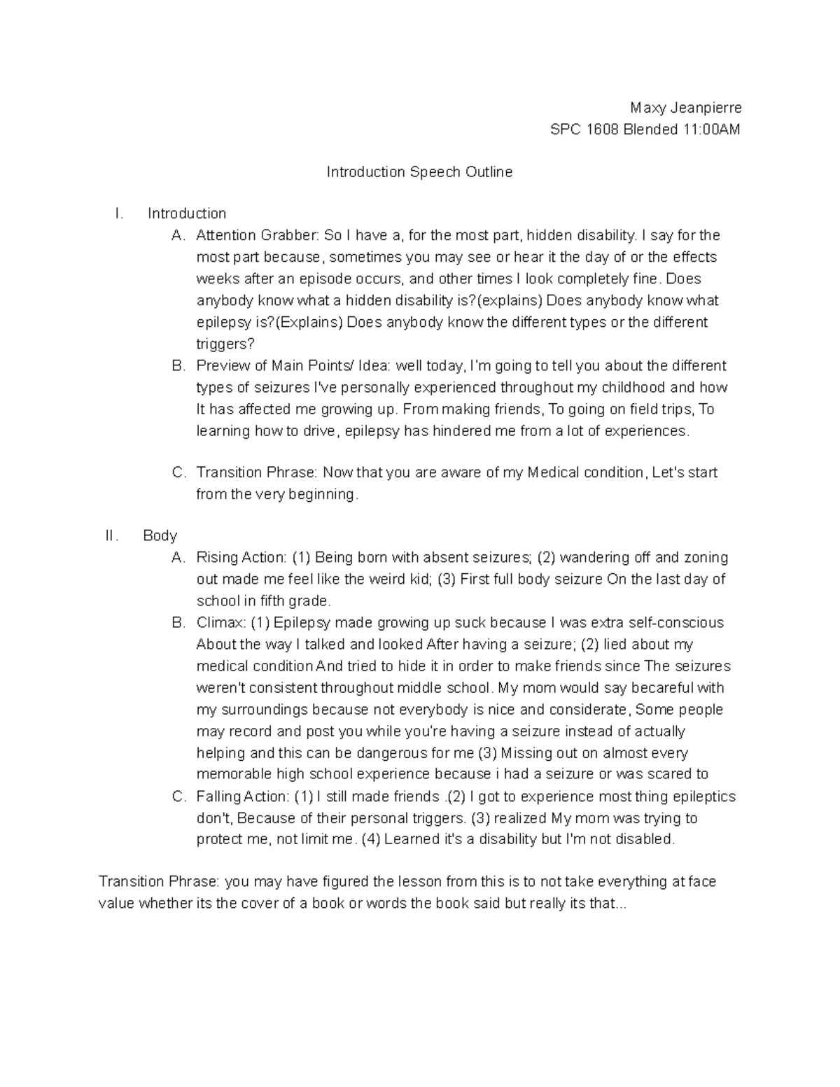 Introduction Speech Outline - Maxy Jeanpierre SPC 1608 Blended 11:00AM ...