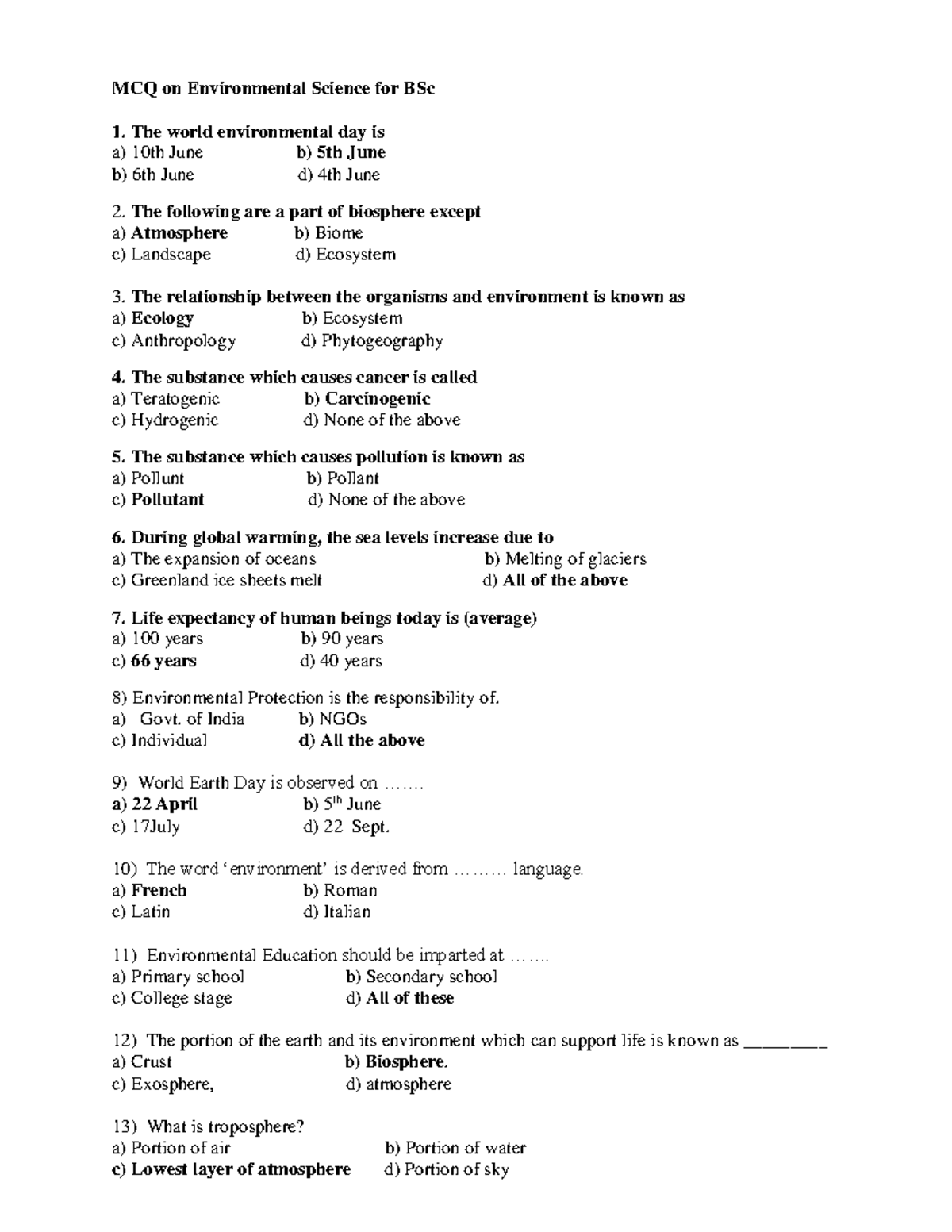 MCQ for UG EVS - adsf - MCQ on Environmental Science for BSc The world ...