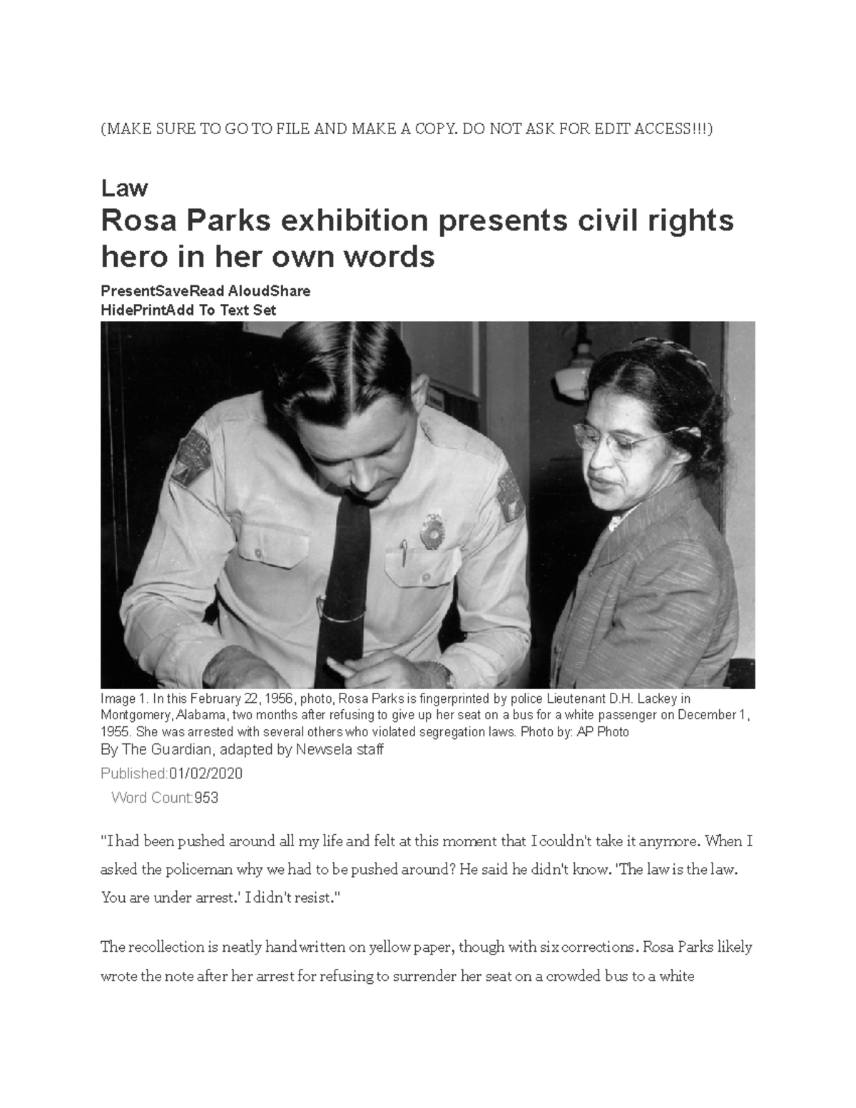 Copy of Newsela Rosa Parks exhibition presents civil rights hero in her ...