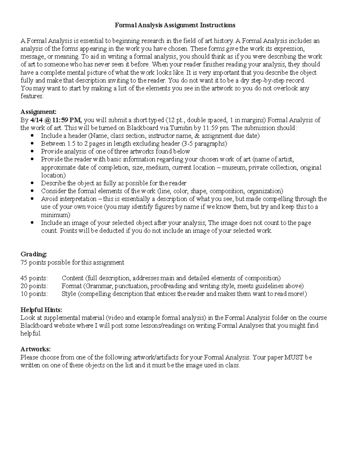 Formal Analysis Assignment Instructions - A Formal Analysis includes an ...