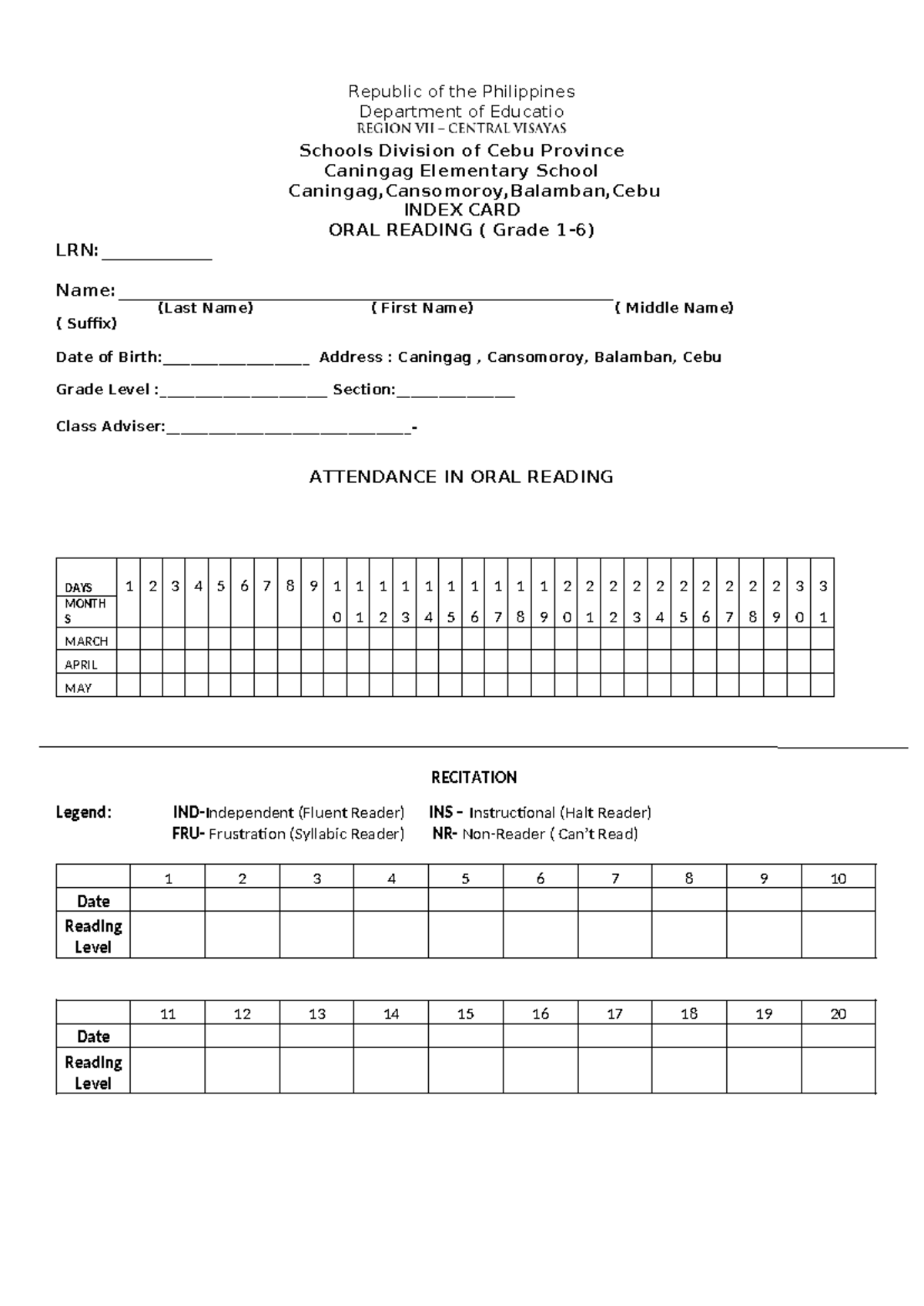 Index CARD Grade 1 6 - Republic of the Philippines Department of ...