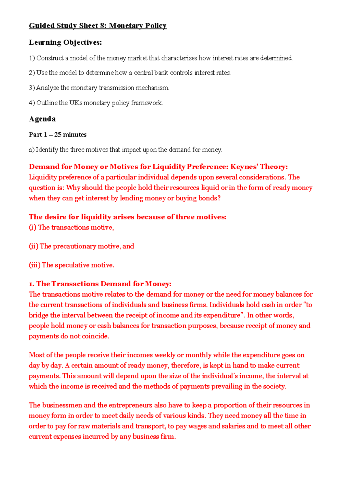 Guided Study Sheet 8 Answers - Guided Study Sheet 8: Monetary Policy ...