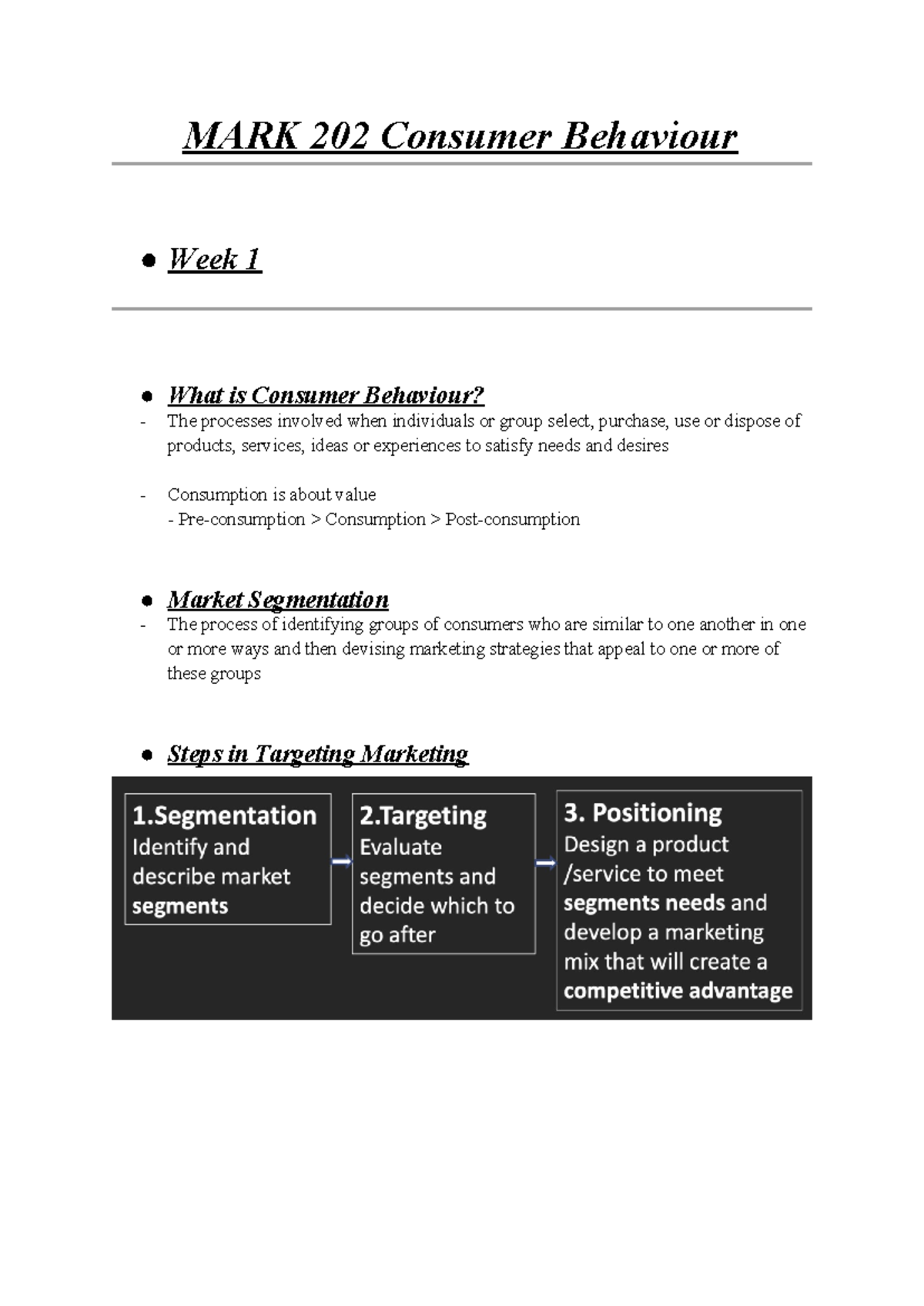 MARK 202 Consumer Behaviour Notes - MARK 202 Consumer Behaviour Week 1 ...