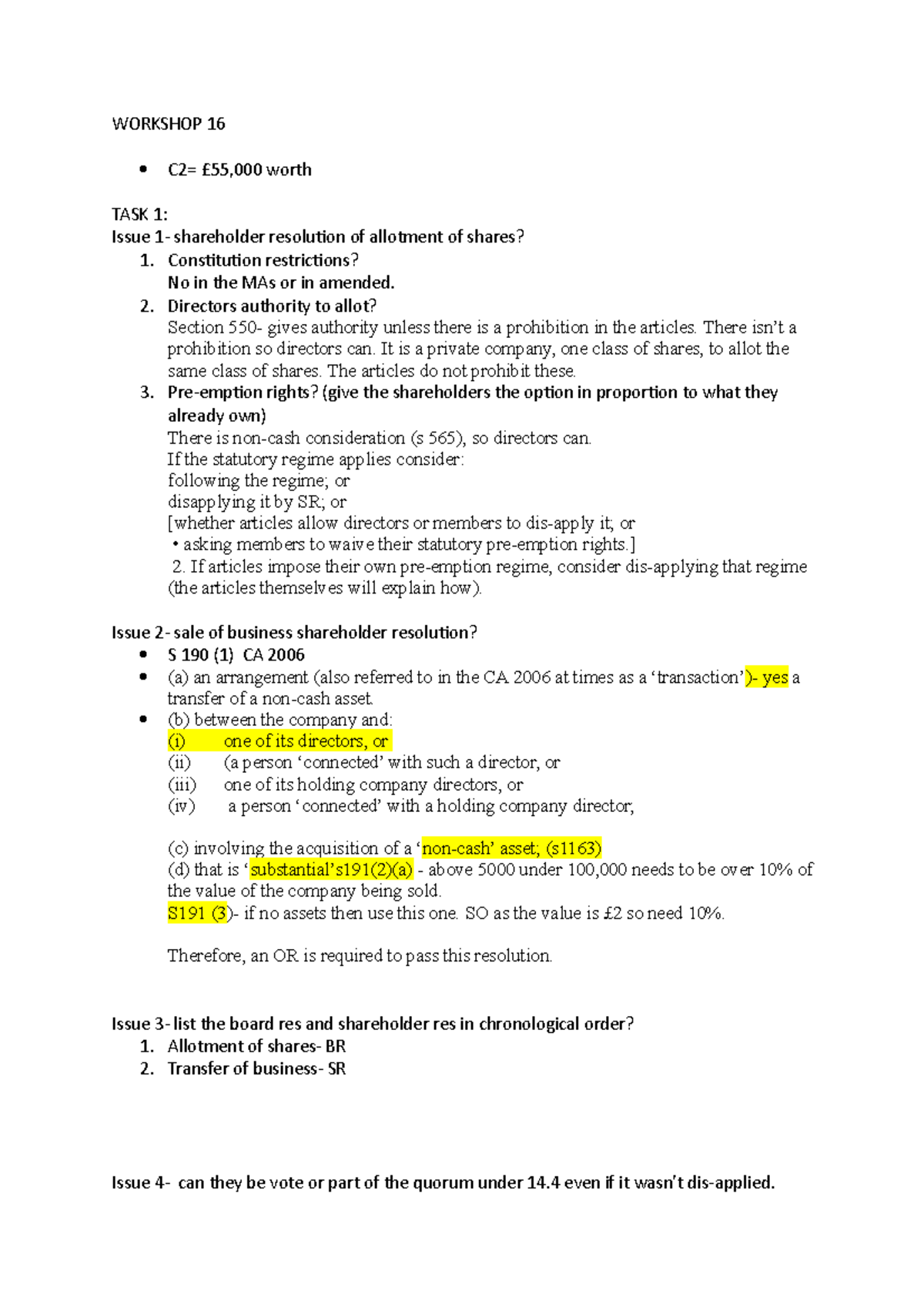 Workshop 16 - law lecture notes - WORKSHOP 16 C2= £55,000 worth TASK 1 ...