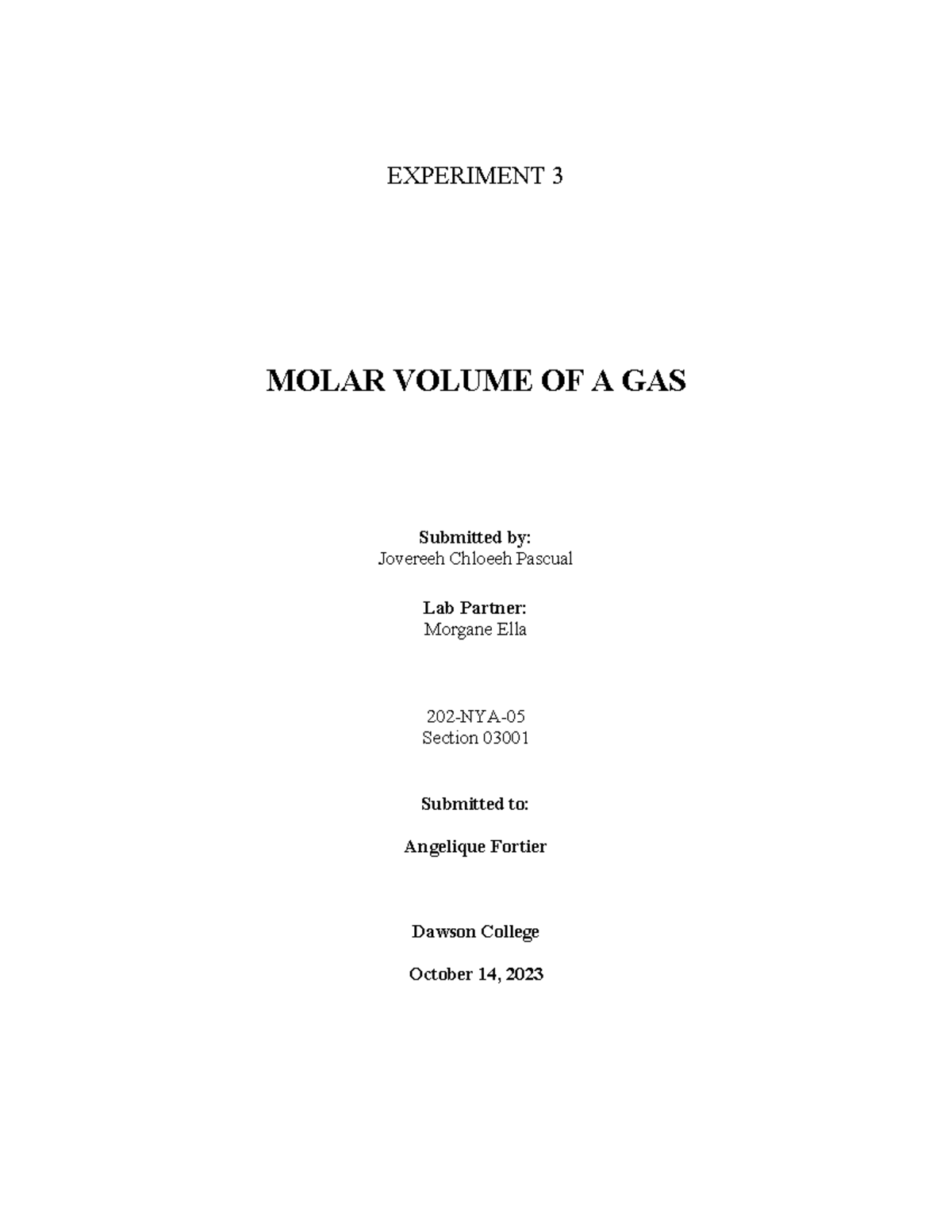 Molar Volume OF A GAS - LABORATORY REPORT - EXPERIMENT 3 MOLAR VOLUME ...