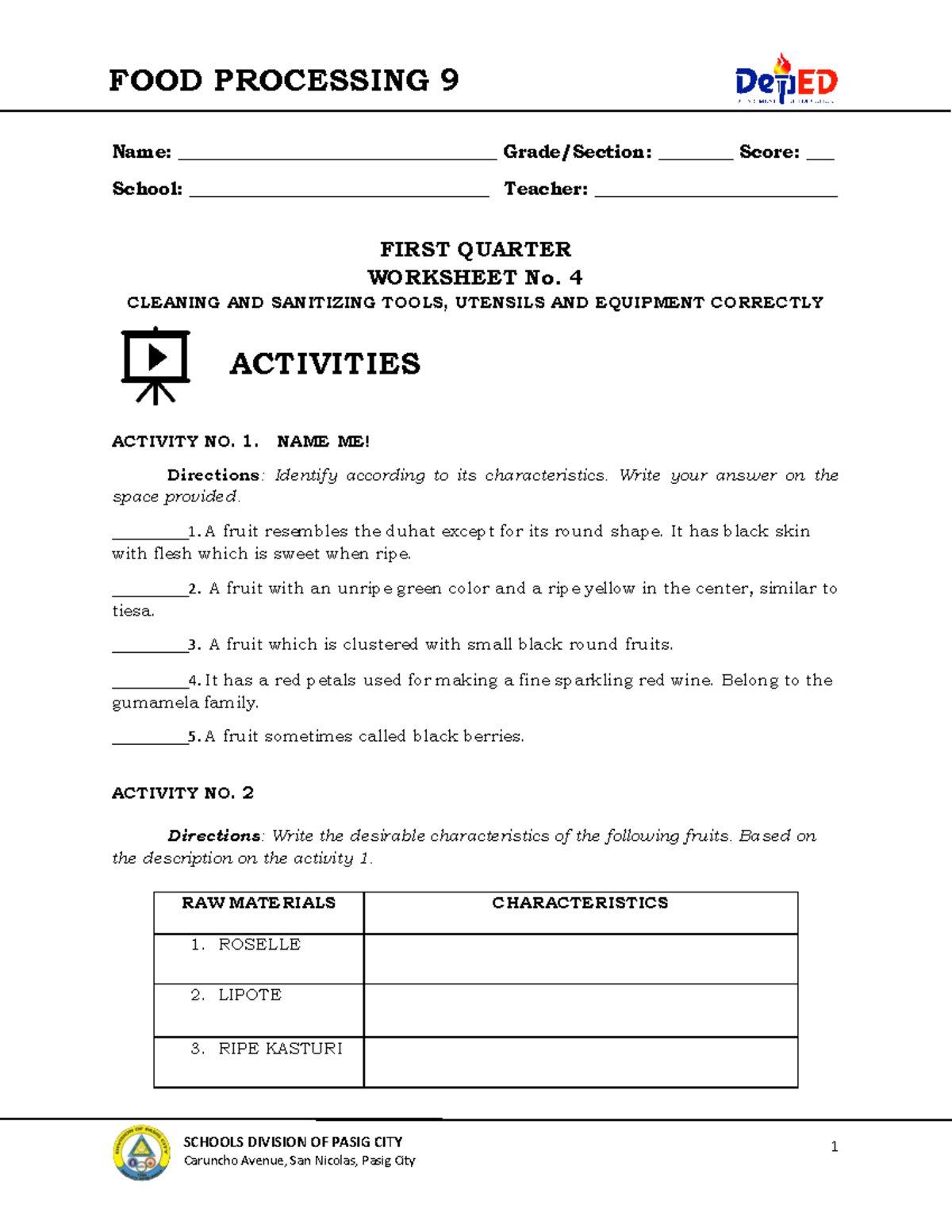 Sptve 9-FOOD Processing TECH9-Q1-DW4 - 1 FOOD PROCESSING 9 SCHOOLS ...