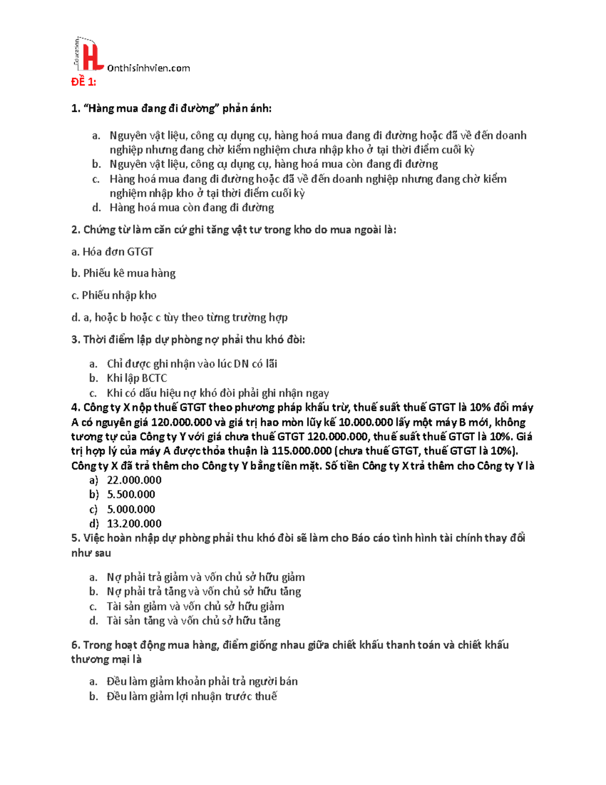 Đề trắc nghiệm KTTC1 - ueh - ĐỀ 1: 1.