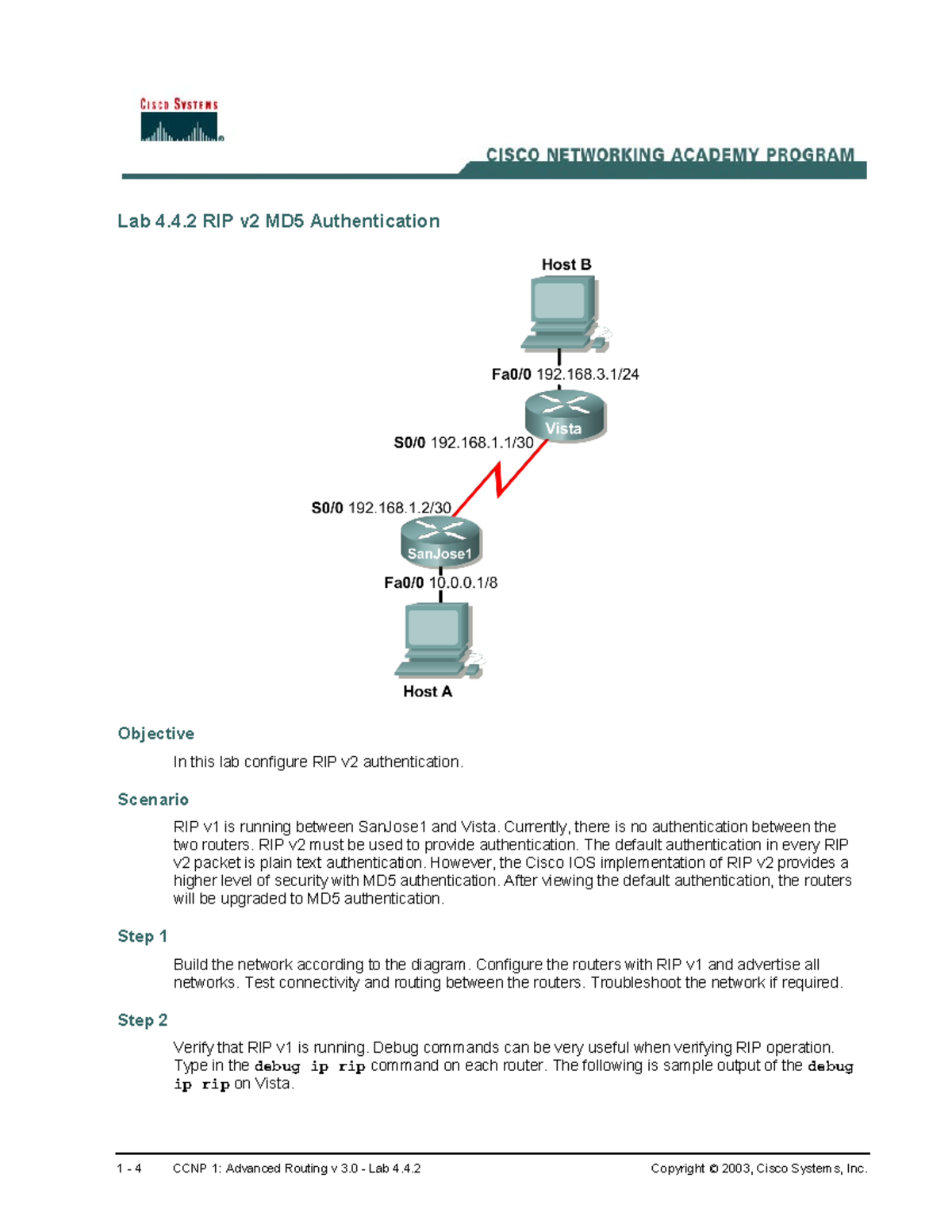 Autenticación de protocolo RIPv2 - Lab 4.4 RIP v2 MD5 Authentication Objective In this lab ...