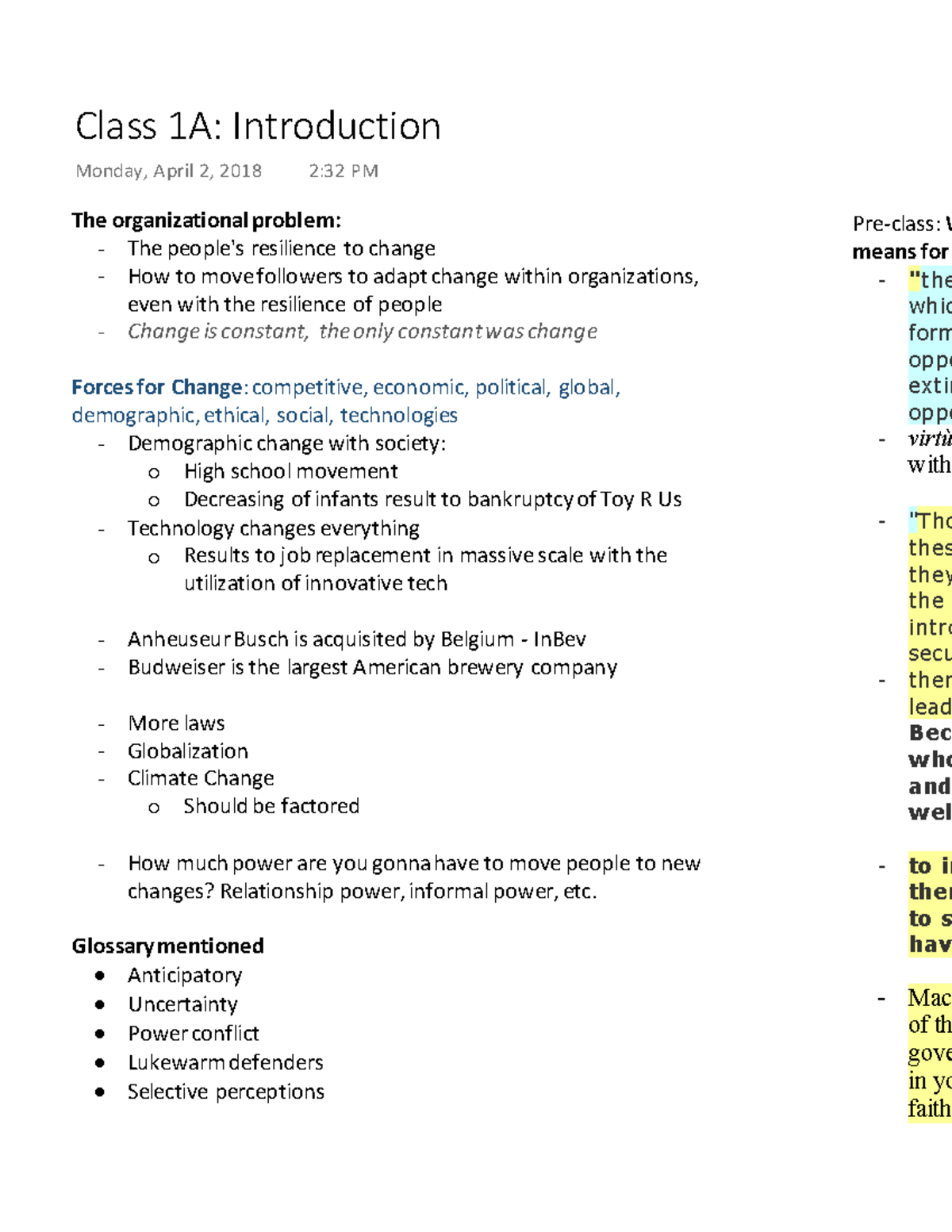 Class 1: Introduction - Class 1A: Introduction Monday, April 2, 2018 2: ...