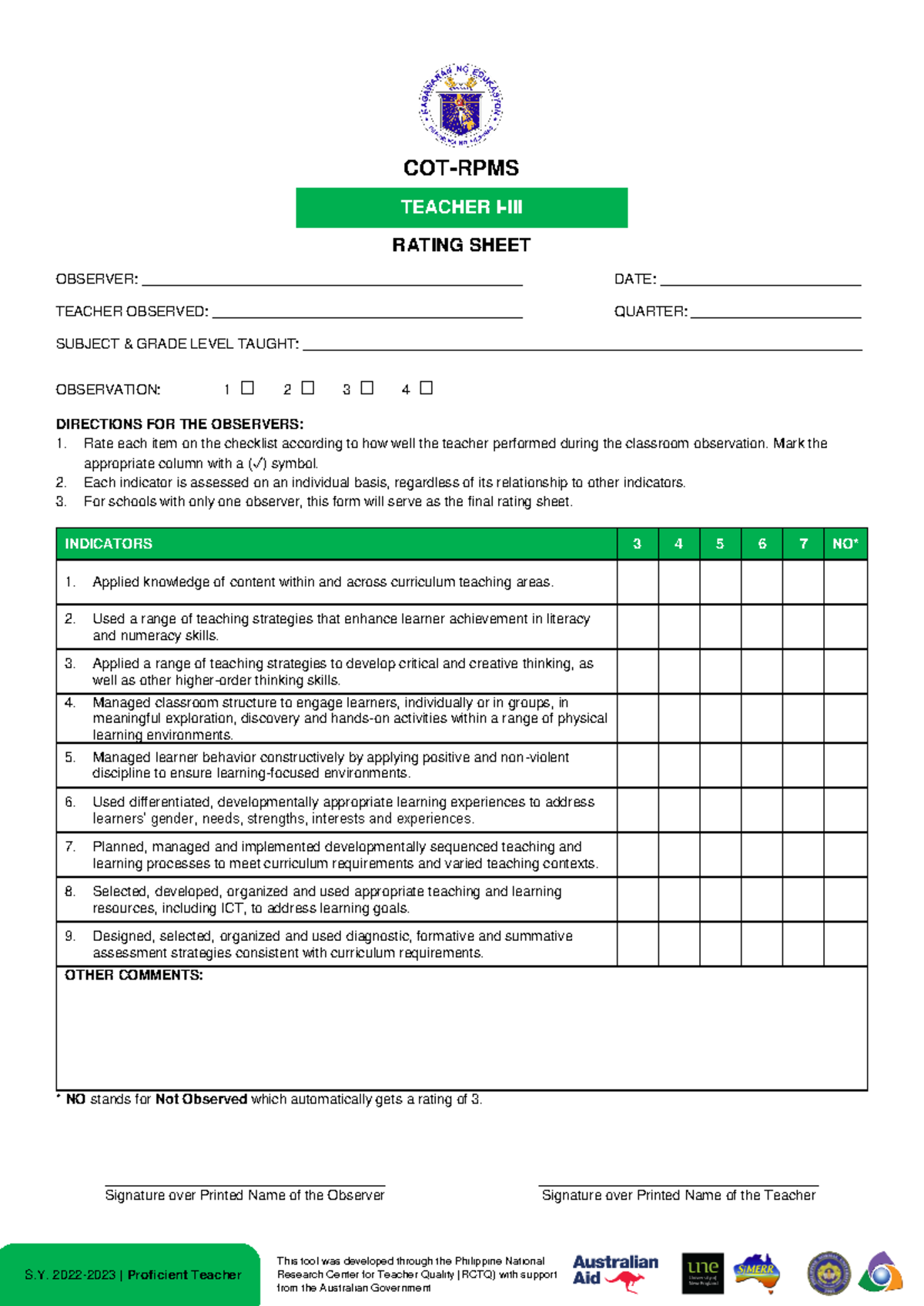 [Appendix C-02] COT-RPMS Rating Sheet for T I-III for SY 2022-2023 - S ...