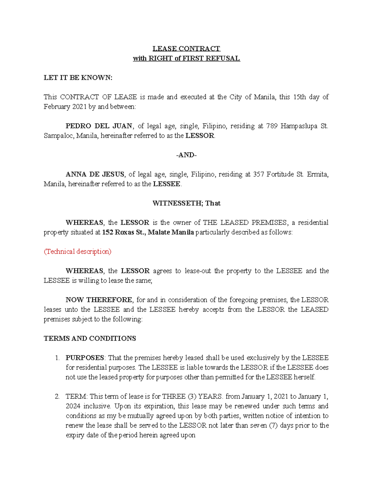 Lease Contract - LEASE CONTRACT with RIGHT of FIRST REFUSAL LET IT BE ...
