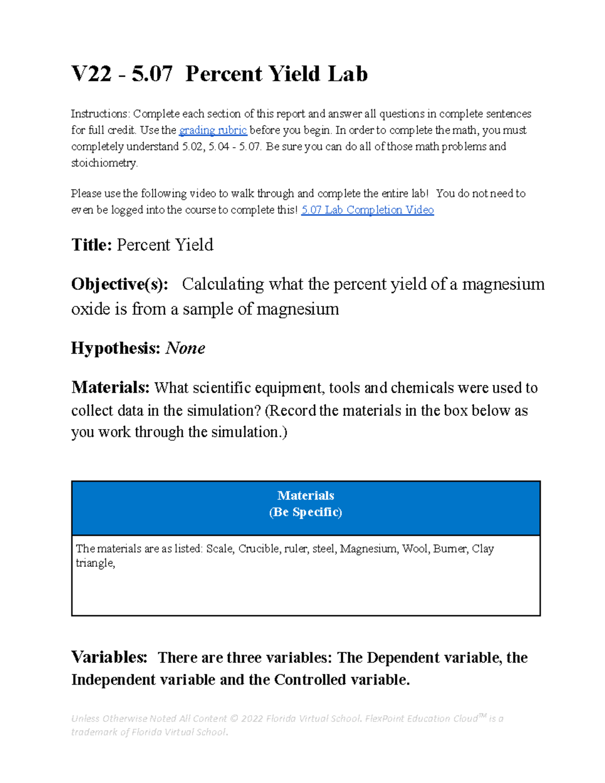 5.07 Percent Yield Lab Report Chemistry Honors FLVS course - V22 - 5 ...