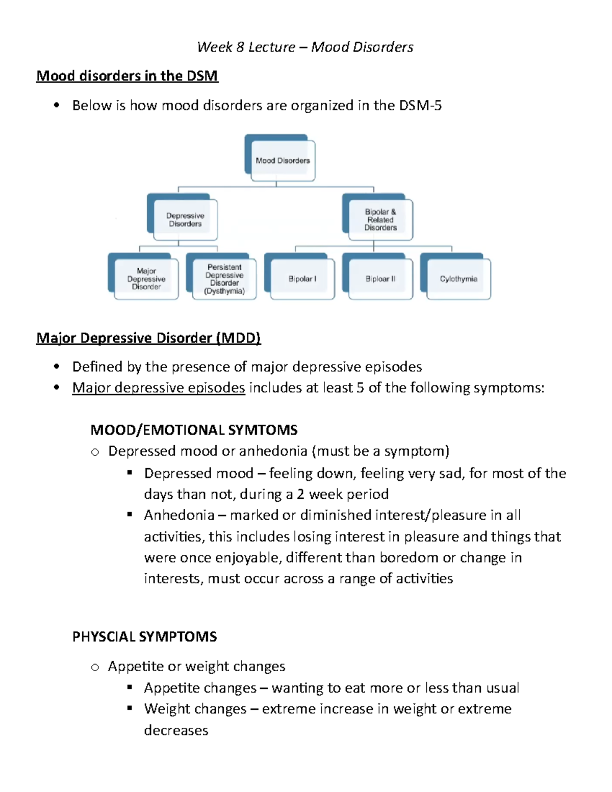 Lecture 8 Mood Disorders- Depression, Bipolar Disorder Notes - Week 8 ...