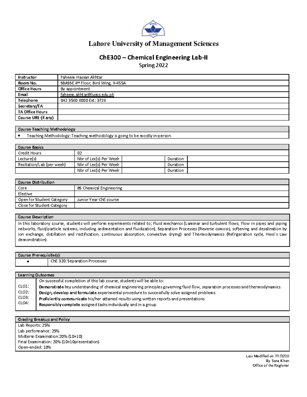 Ch E300-Outlines Spring 2022 updated - Lahore University of Management ...