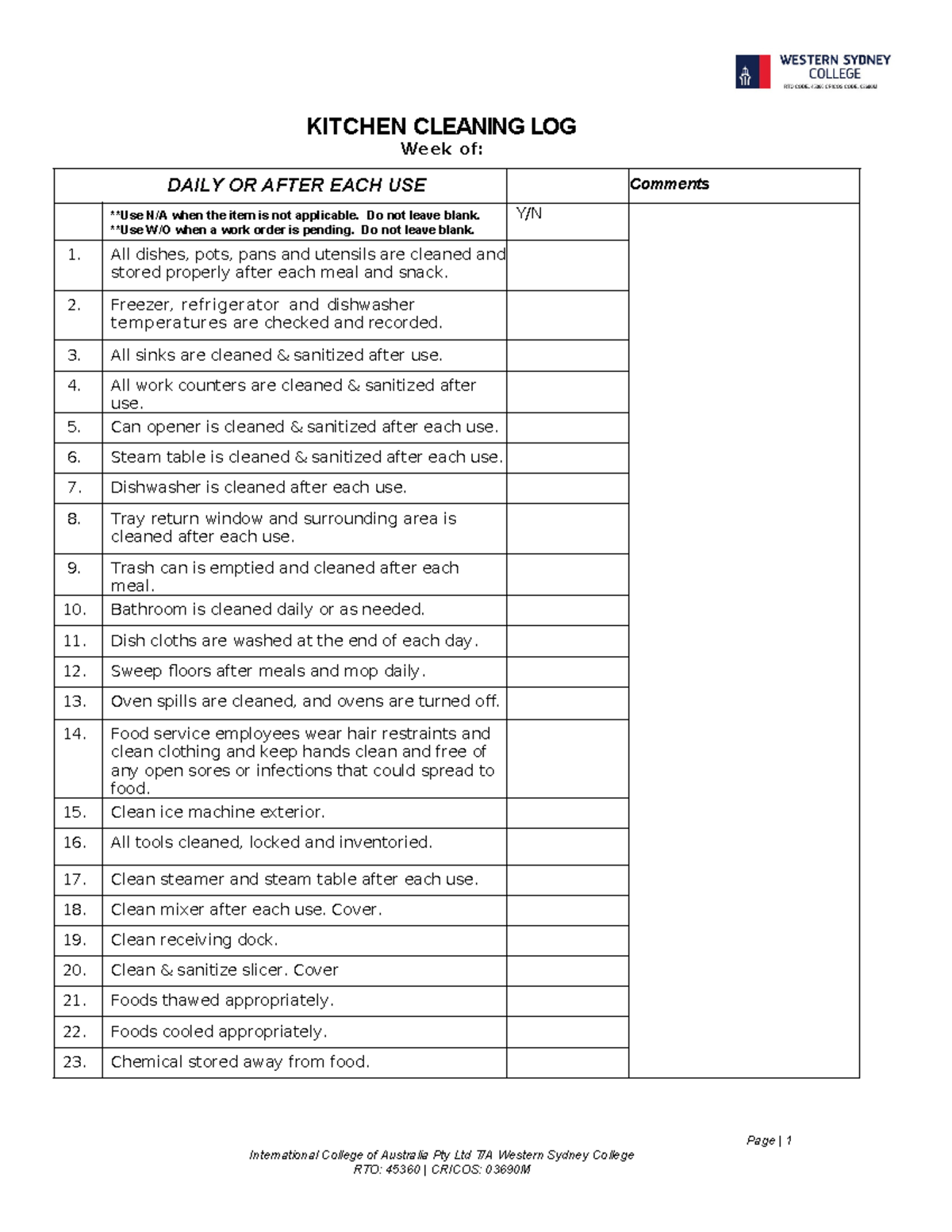 Kitchen Cleaning log - GOOOOOO - KITCHEN CLEANING LOG Week of: DAILY OR ...