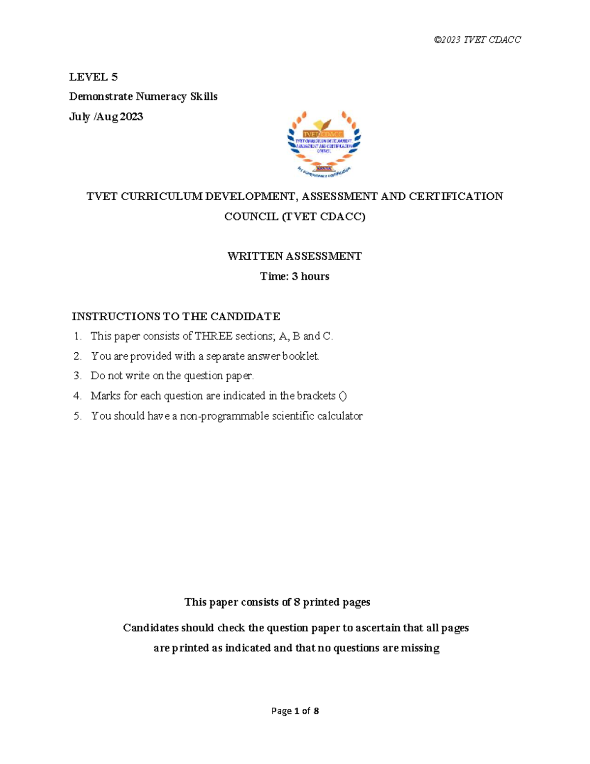 Numeracy skills - LEVEL 5 Demonstrate Numeracy Skills July /Aug 2023 ...