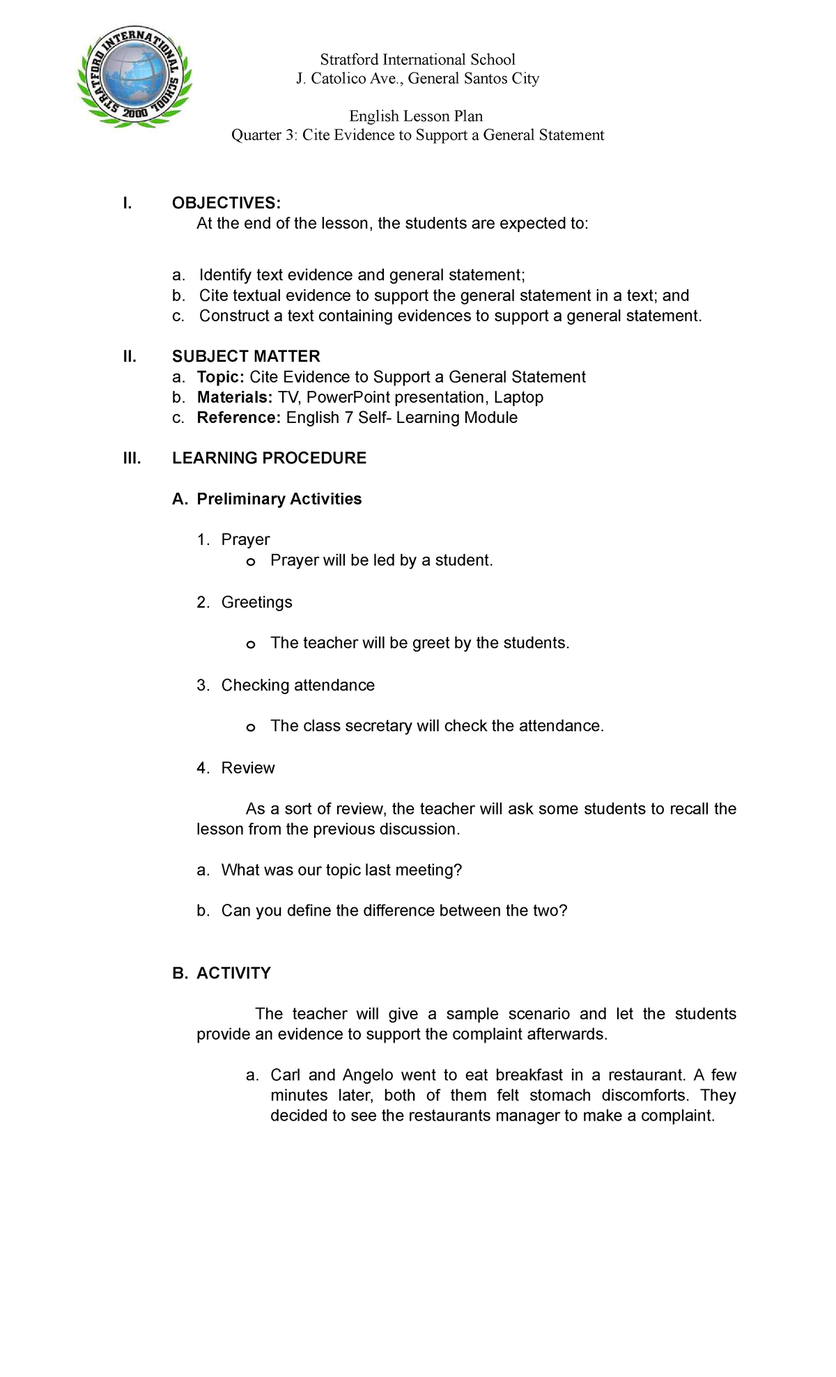 LP FOR Citing Evidence - Lesson plan - J. Catolico Ave., General Santos ...