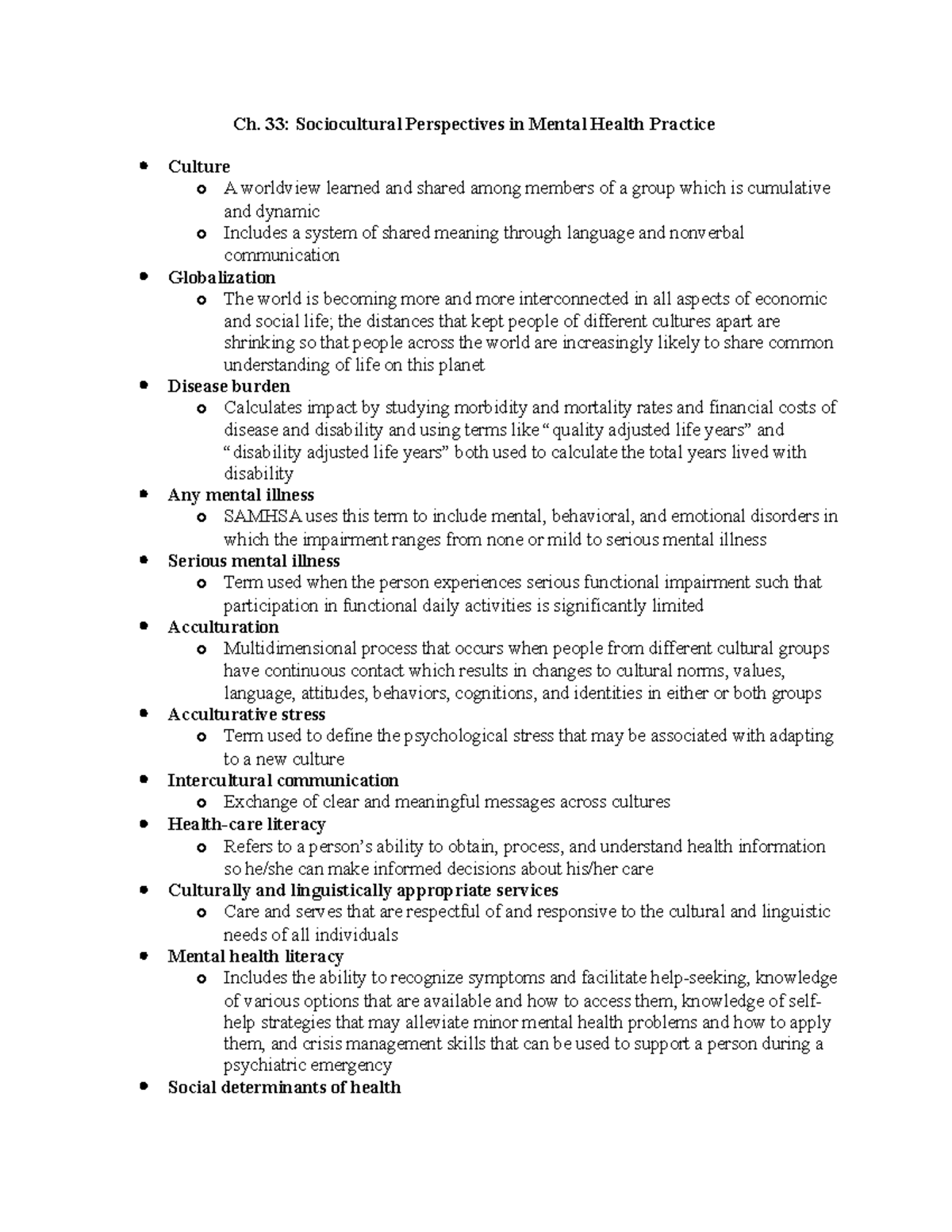 CBB- Ch 33 Notes - Ch. 33: Sociocultural Perspectives in Mental Health ...