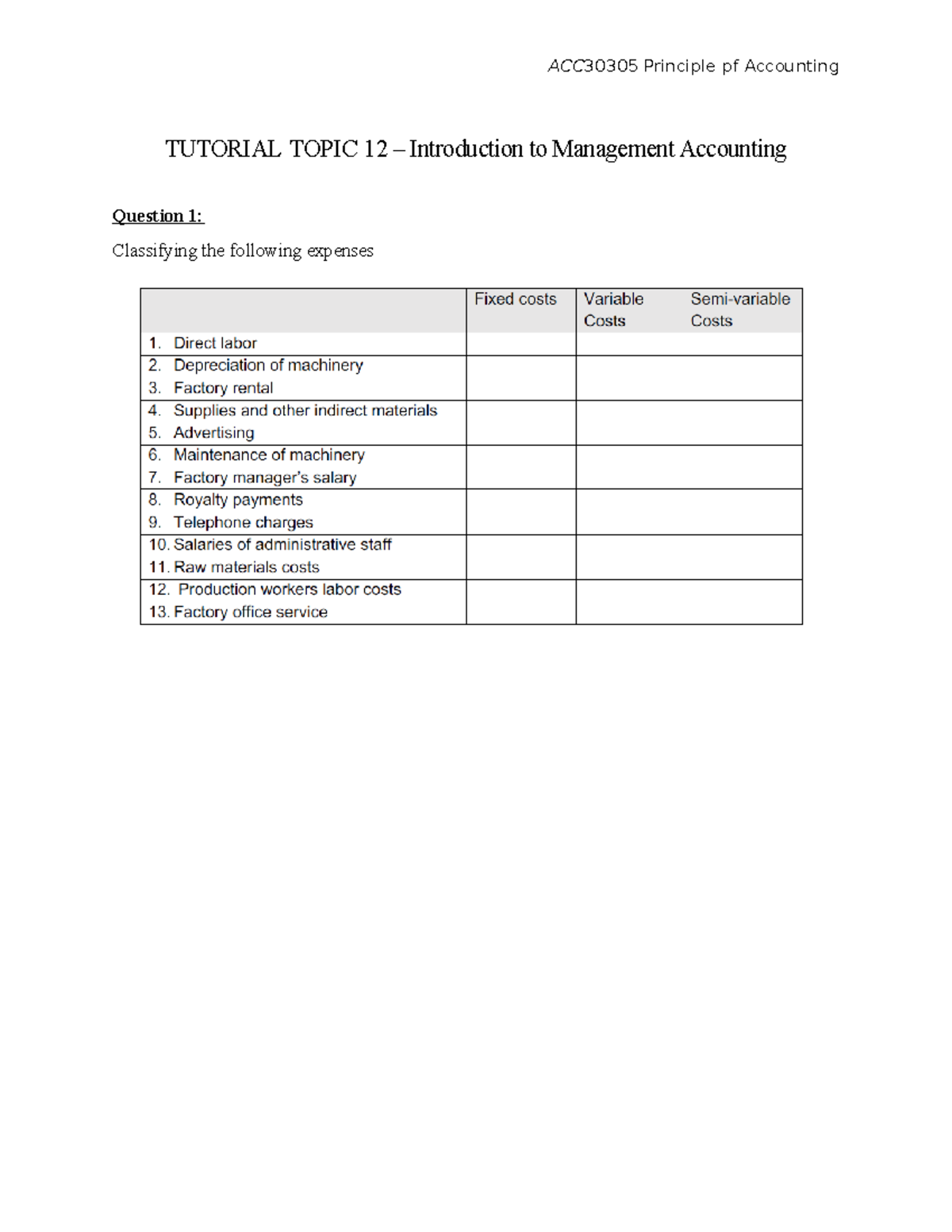 Tutorial Topic 12 (Q) - Introduction to Accounting - ACC30305 Principle ...