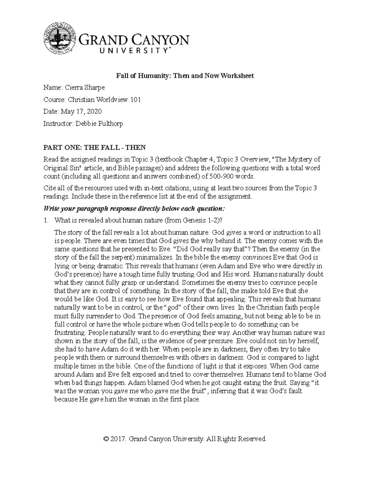 CWV-101-Fall of Humanity Worksheet - Fall of Humanity: Then and Now ...