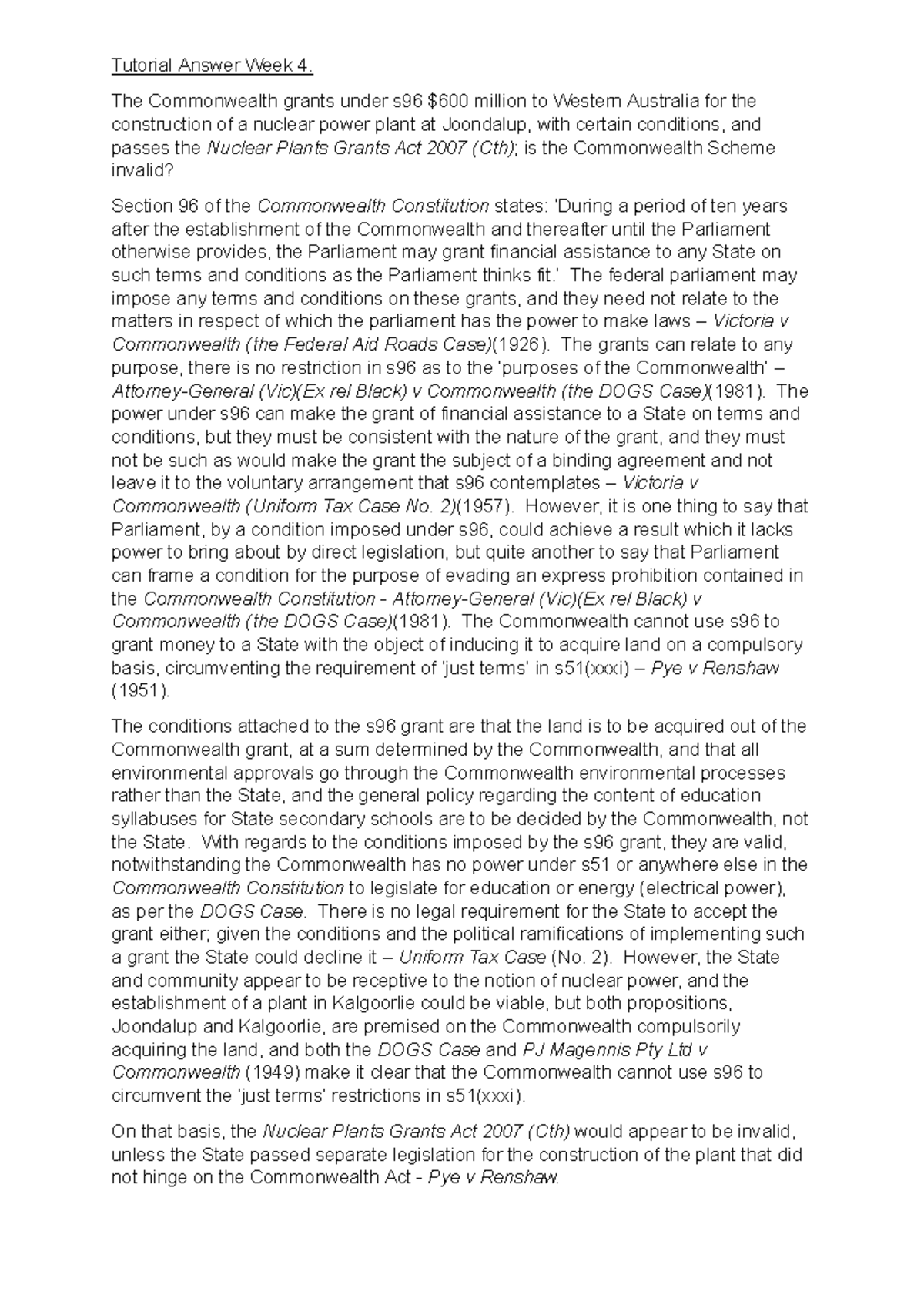 Week 4 Tutorial Analysis of Commonwealth Grants and Nuclear Power Plant - Tutorial Answer Week 4 ...