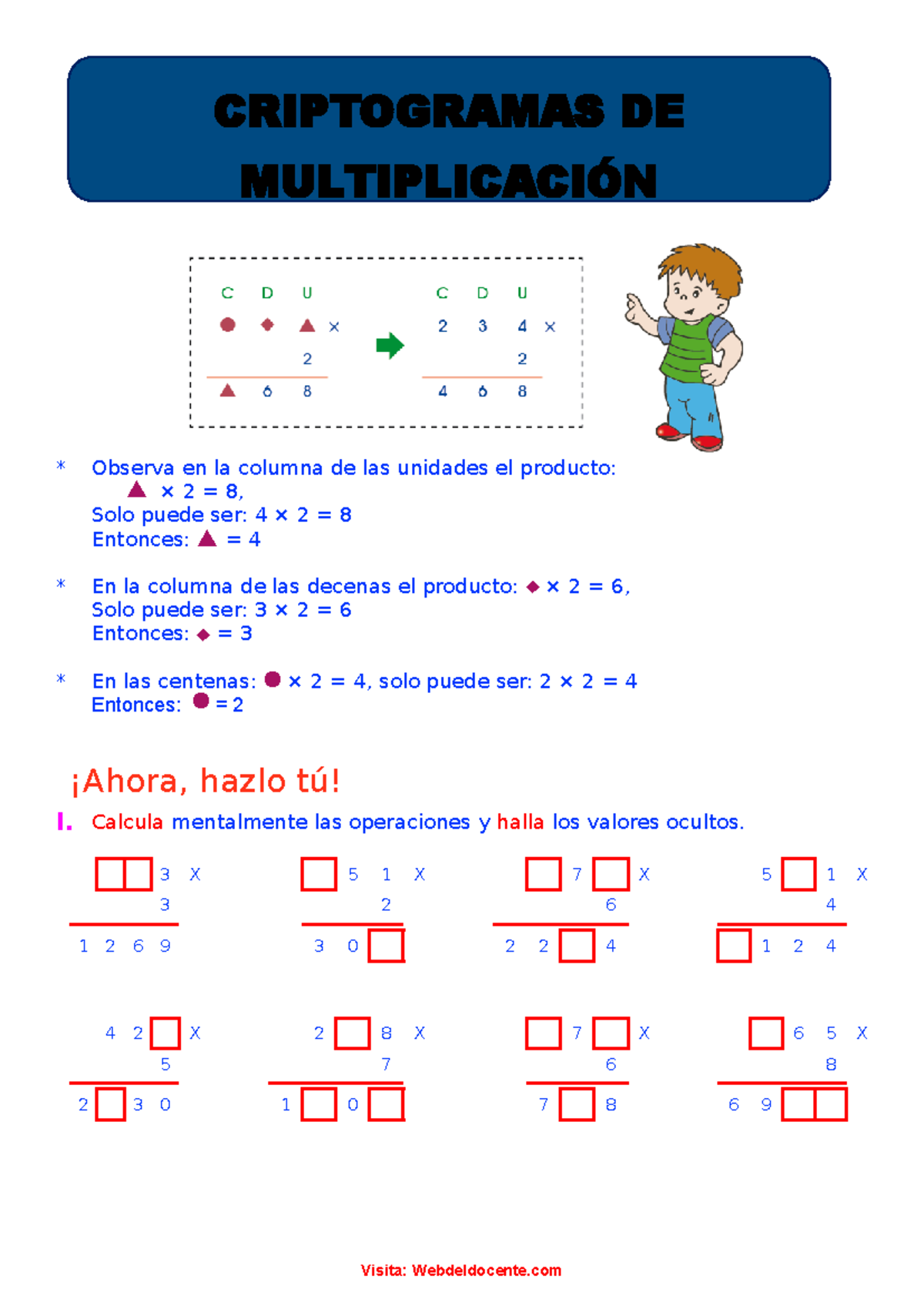 Criptogramas de Multiplicación para Tercer Grado de Primaria - * Observa en la columna de las ...
