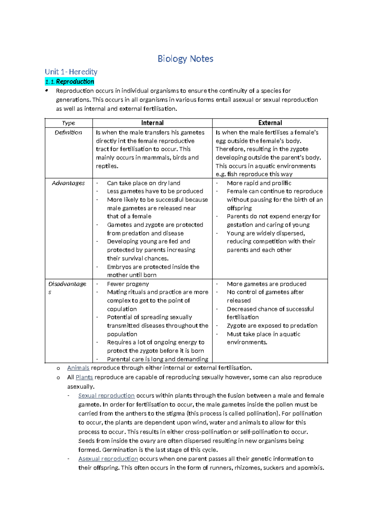 Biology Notes - Biology Notes Unit 1- Heredity 1. Reproduction ...