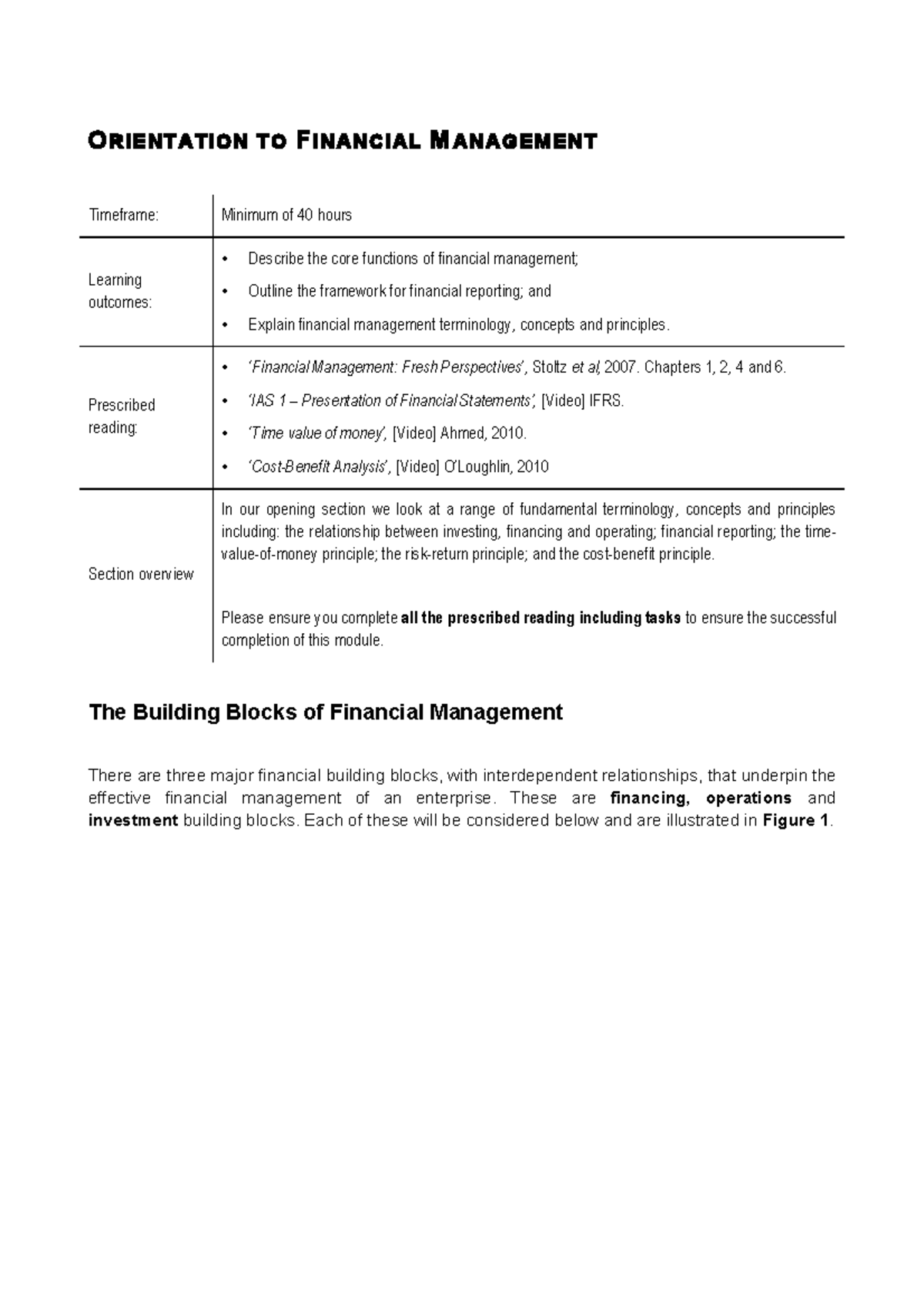 BBA FIN SG - ORIENTATION TO FINANCIAL MANAGEMENT Timeframe: Minimum of ...
