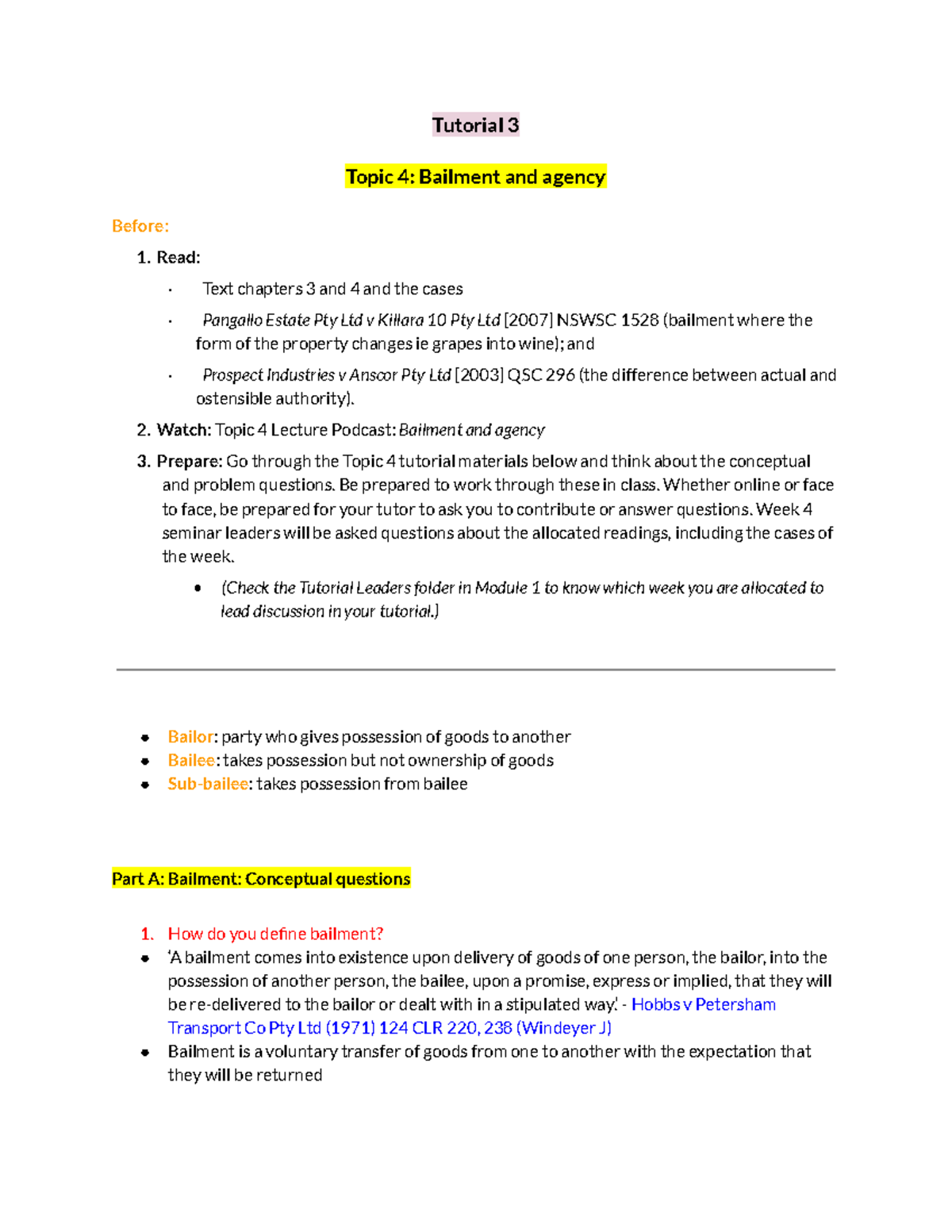 Topic 5 tutorial - practice materials - Tutorial 3 Topic 4: Bailment ...