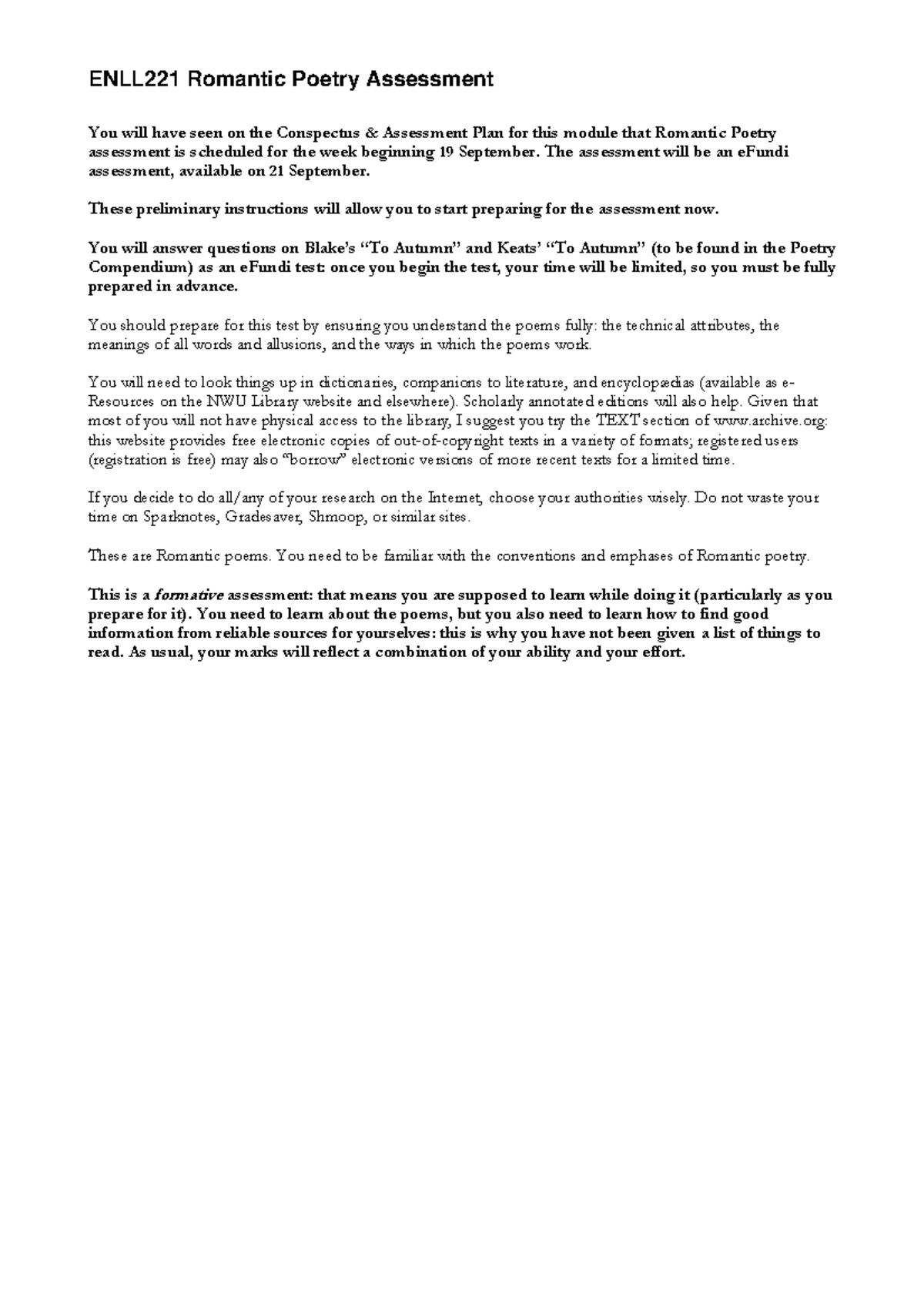 Romantic Poetry assessment - preliminary instructions - ENLL221 ...