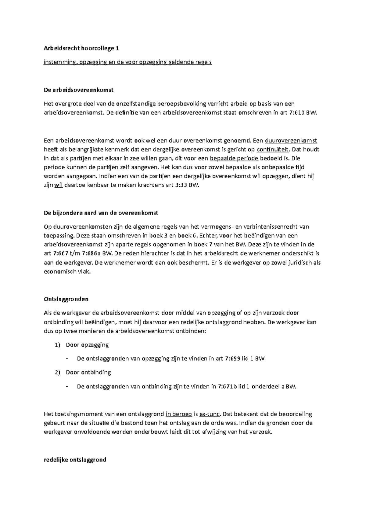 Studeersnel - Arbeidsrecht hoorcollege 1 instemming, opzegging en de ...