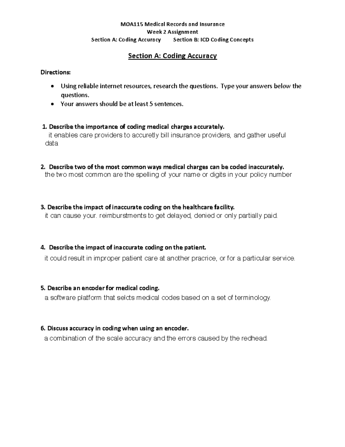 Week 2 Assignment Worksheet - MOA115 Medical Records and Insurance Week ...