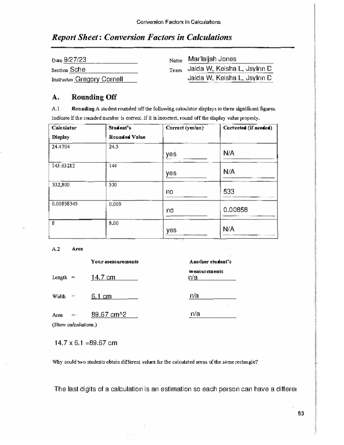 Post Lab 3 Activity - Conversion Factors in Calculations - Report Sheet ...